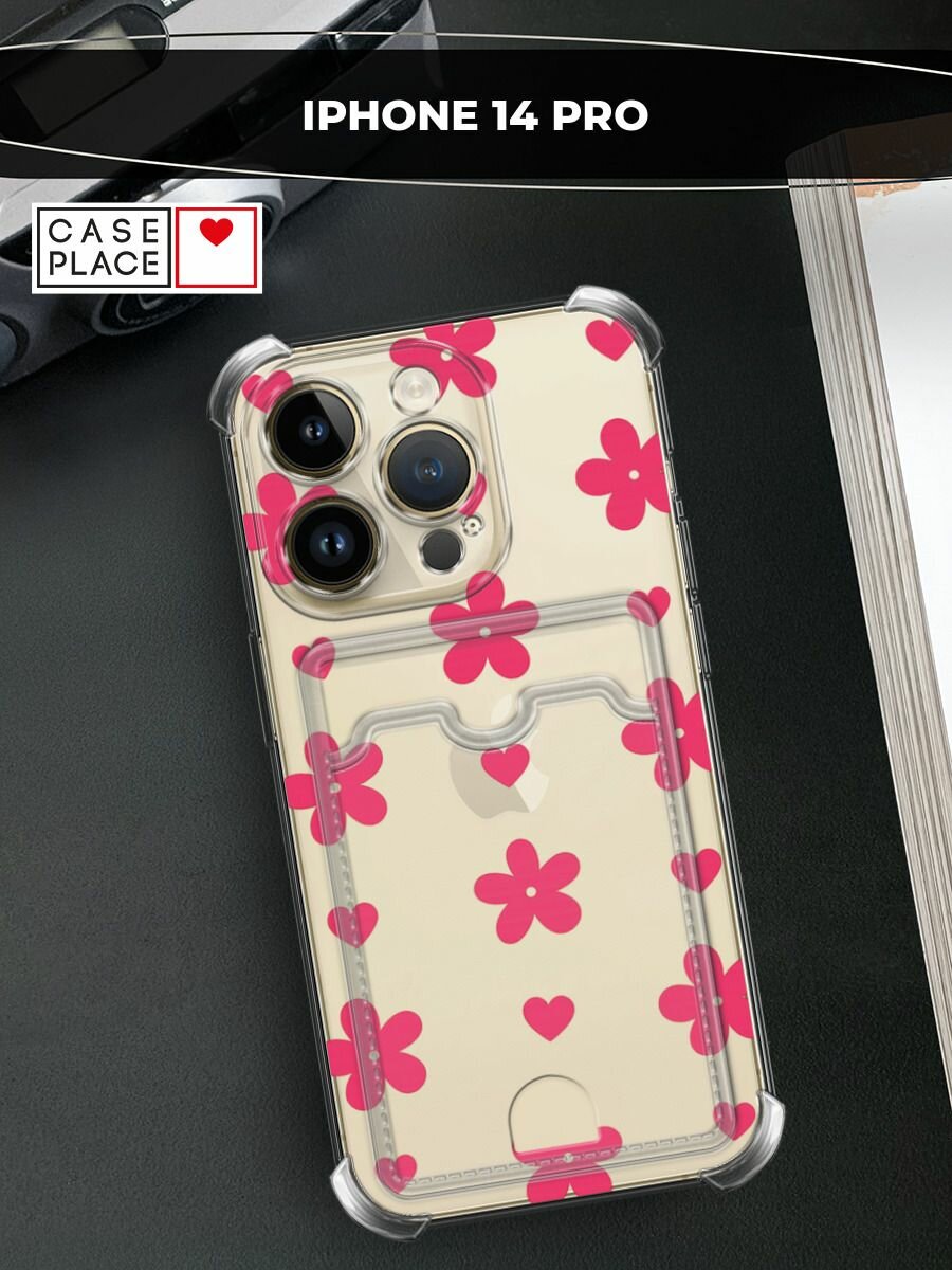 Чехол на Apple iPhone 14 Pro (Айфон 14 Про) с картой и принтом Ярко-розовые цветочки