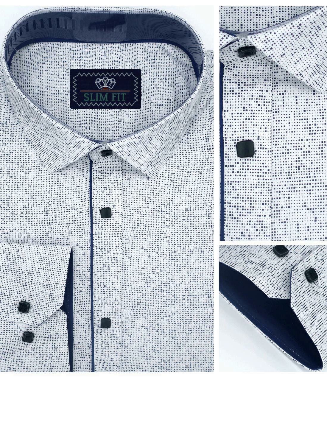 Рубашка Мужская рубашка с длинным рукавом приталенная, светлая сорочка на кнопках, рубаха на любой сезон, белая в мелкий рисунок, без карманов, с отделкой рубашка Slim fit с приталенным кроем зауженная