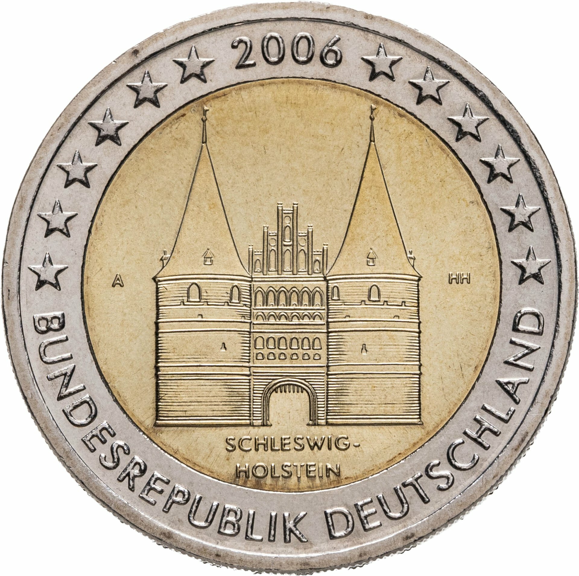 Германия 2 евро euro 2006 Федеральные земли Германии: Шлезвиг-Гольштейн - Голштинские ворота в Любеке, знак монетного двора "А" - Берлин, Биметалл