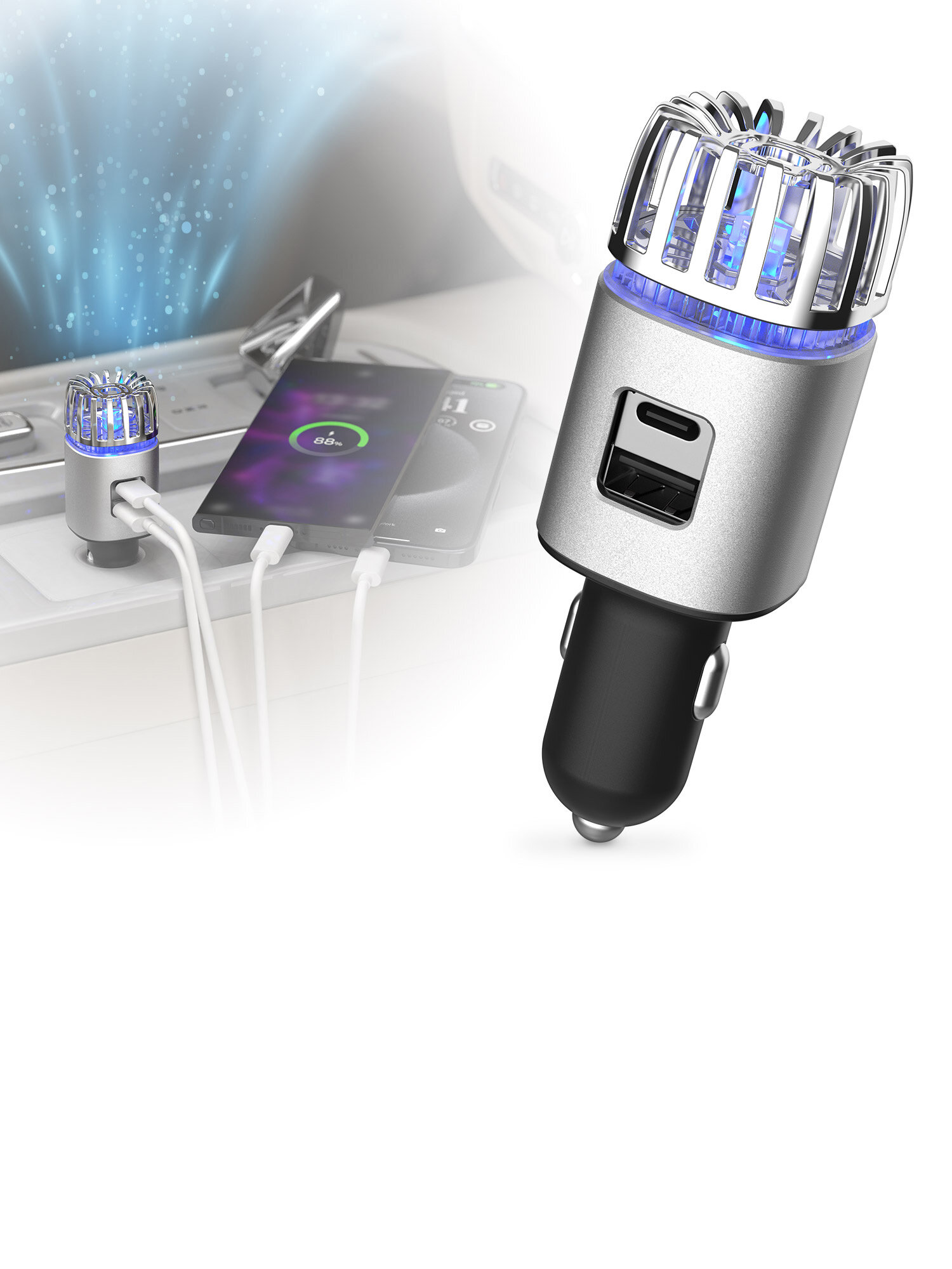 2-в-1 очиститель воздуха в авто с ионизатором и быстрой зарядкой USB-C/USB-A PD3.0 QC3.0 для 12В прикуривателя