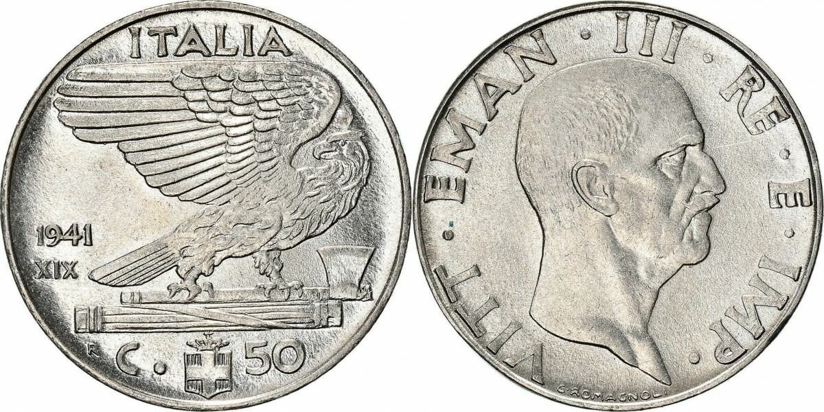 Италия 50 чентезимо, 1939 - 1943 Король Виктор Эммануил III XF