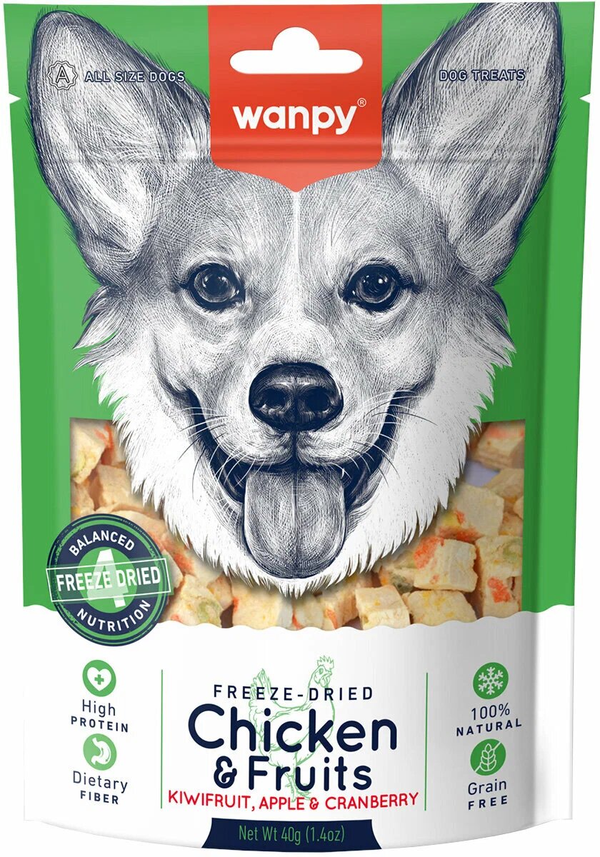Лакомство Wanpy Dog, для собак, с курицей и фруктами, сублимированное, 40 г, 1 шт