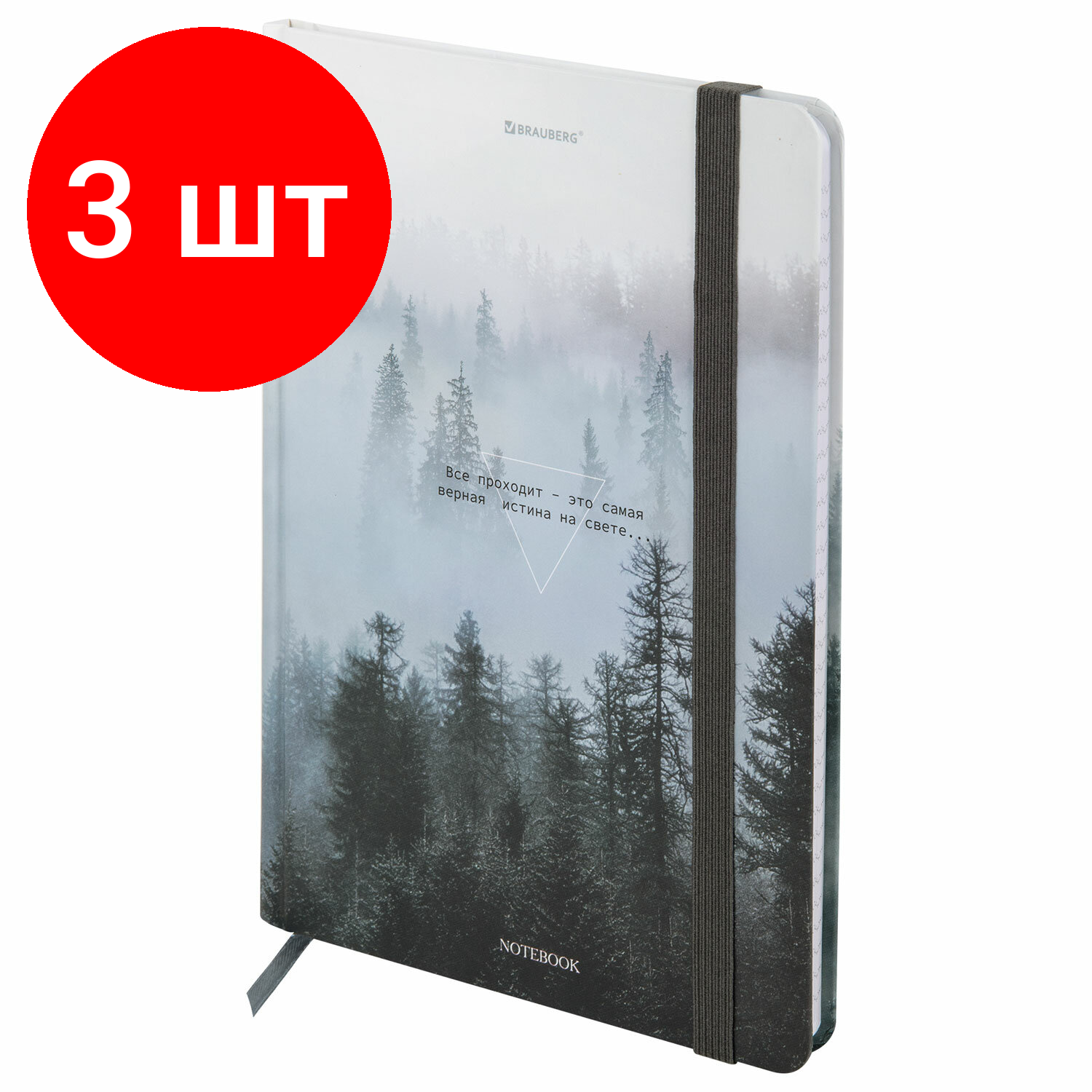 Комплект 3 шт, Блокнот с резинкой в клетку 96 л, А5 145х203 мм, твердая обложка, BRAUBERG, "Туман", 116315