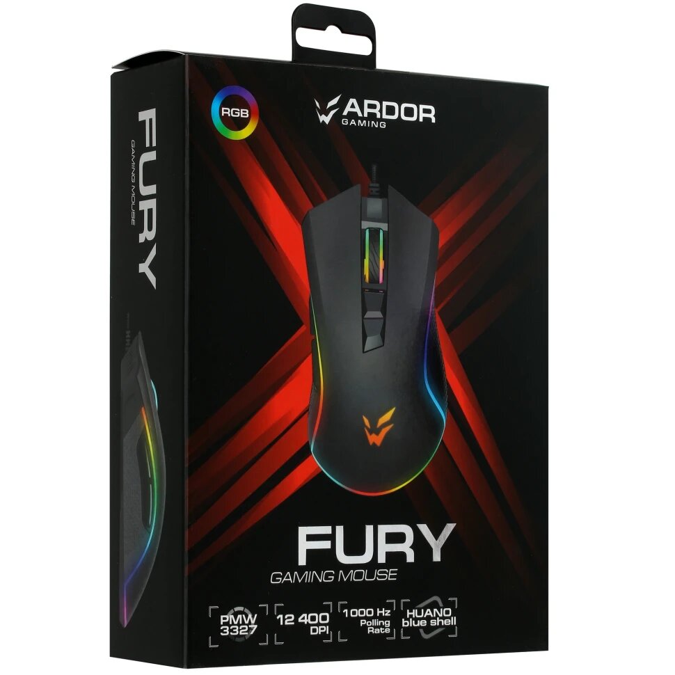 Мышь проводная ARDOR GAMING Fury [ARD-FURY3327-BK], 12400 dpi, RGB, черный