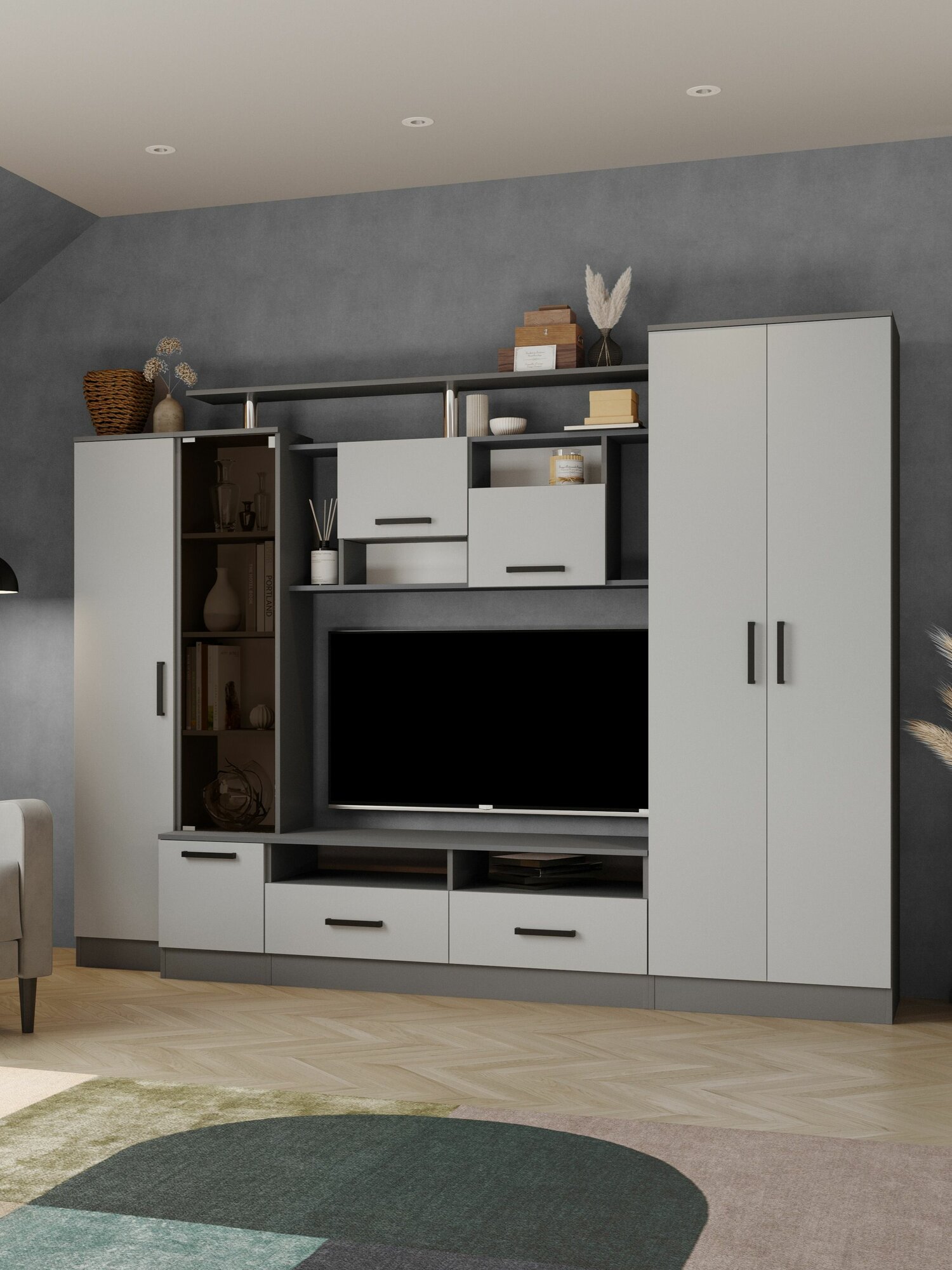 Гостиная Оскар-5 1920х2500х450 (графит серый/камень серый) тэкс