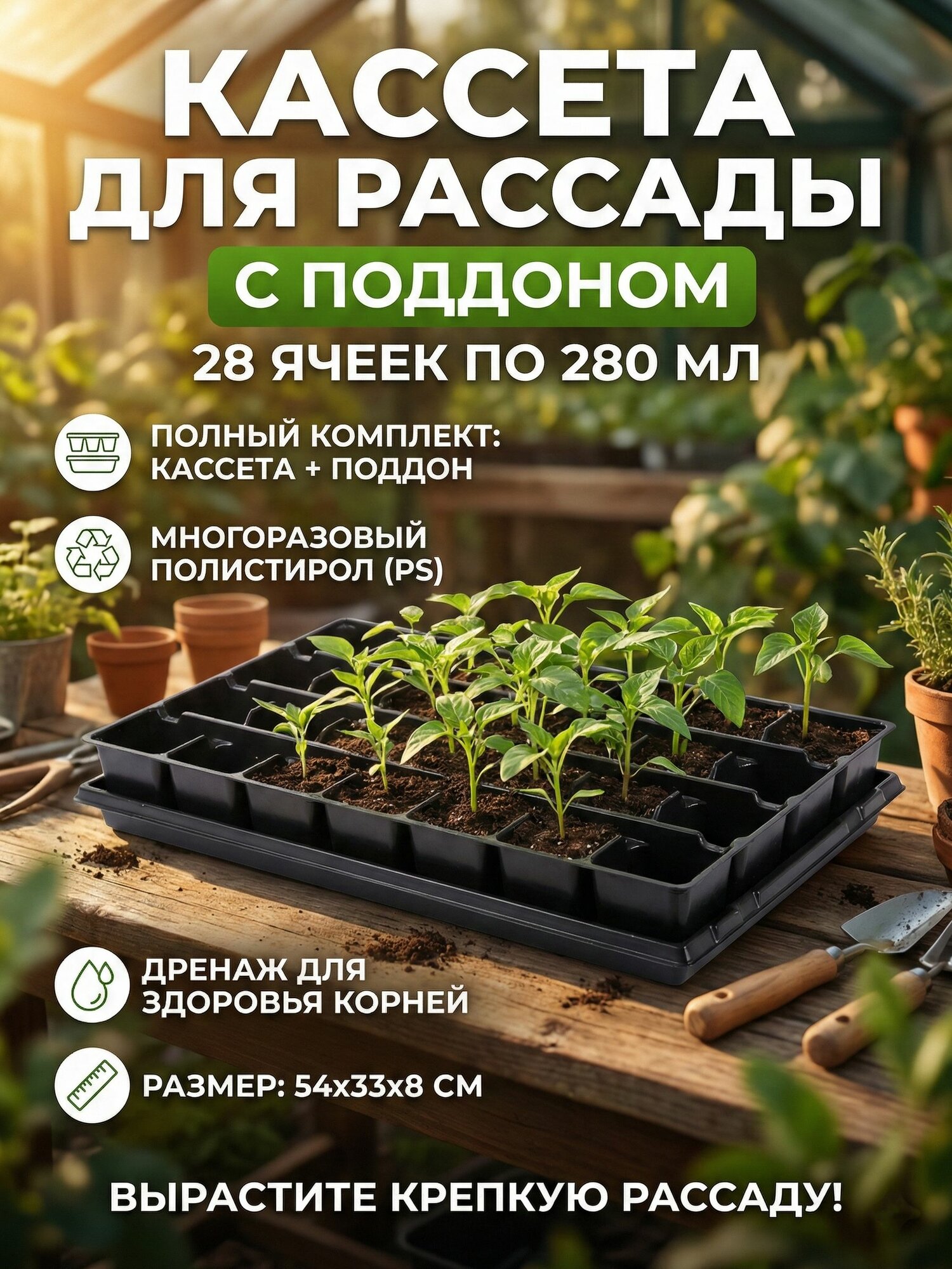 Кассета для рассады на поддоне, 28 ячеек, цвет черный. Материал многоразовый высококачественный полистирол. Набор упрощает выращивание рассады однолетних растений, овощных культур и цветов