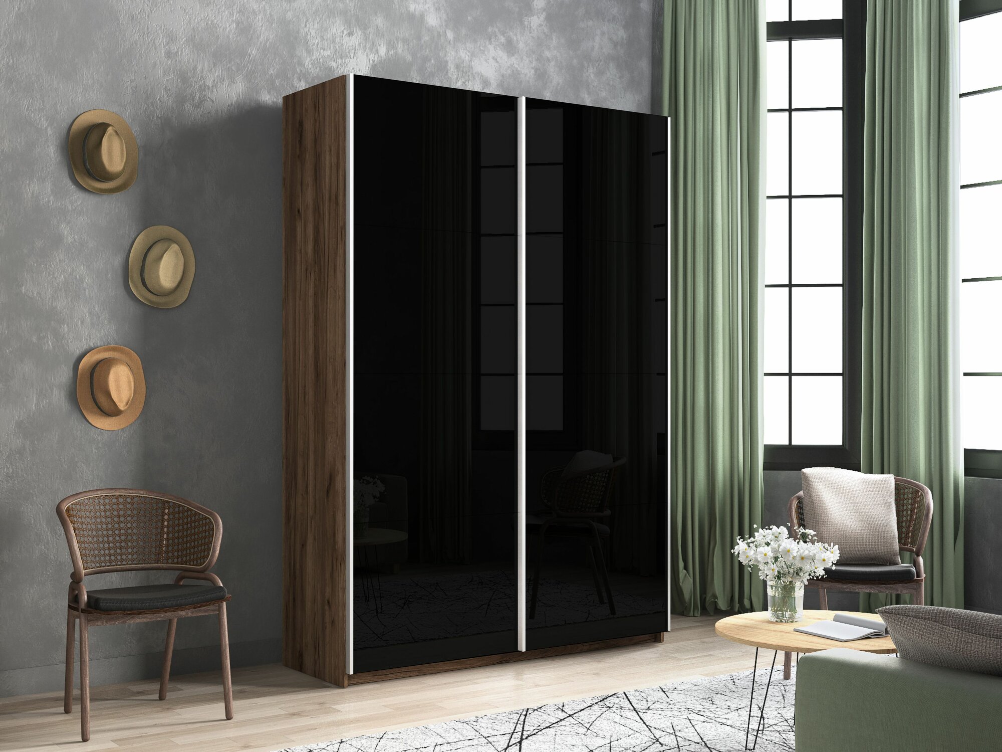 Шкаф-купе Билли 2-х дверный, (Стекло черн.) 120х57х230 см. Крафт табачный