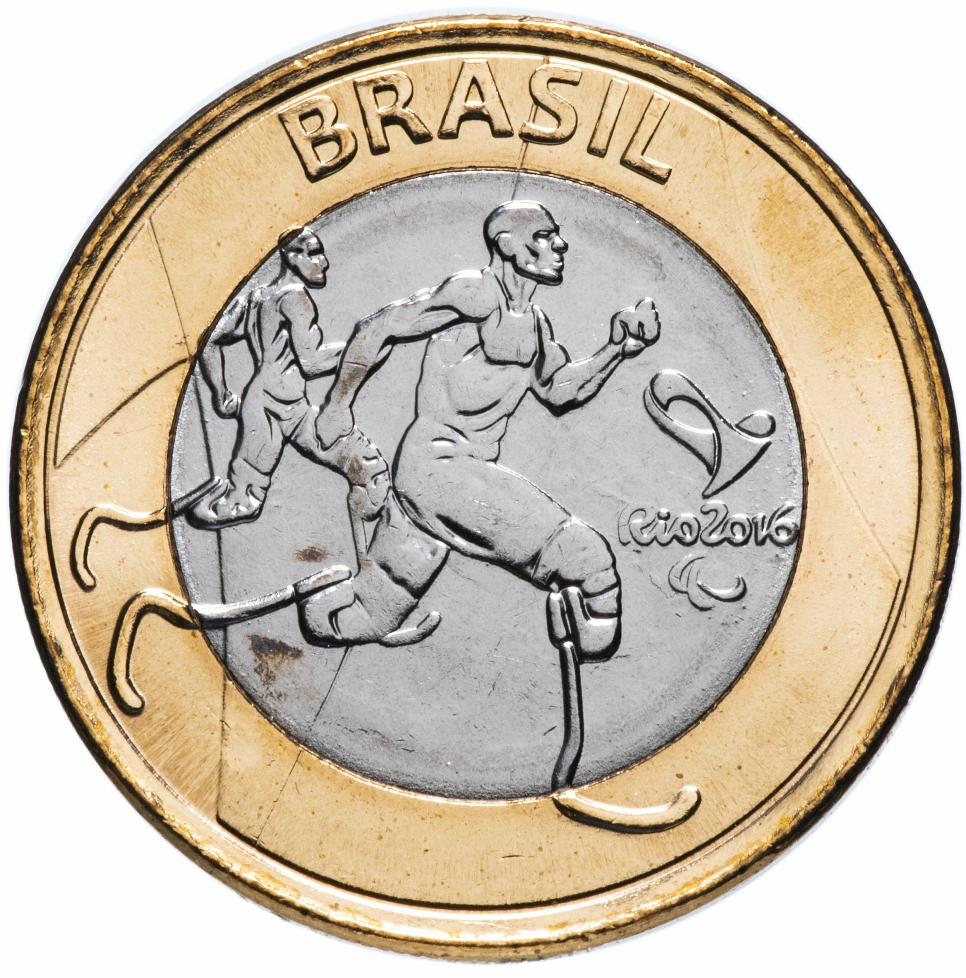Бразилия 1 real реал 2015 "XXXI летние Олимпийские Игры, Рио-де-Жанейро 2016 paralympic atletism паралимпийская атлетика", Биметалл, в сохранности UNC