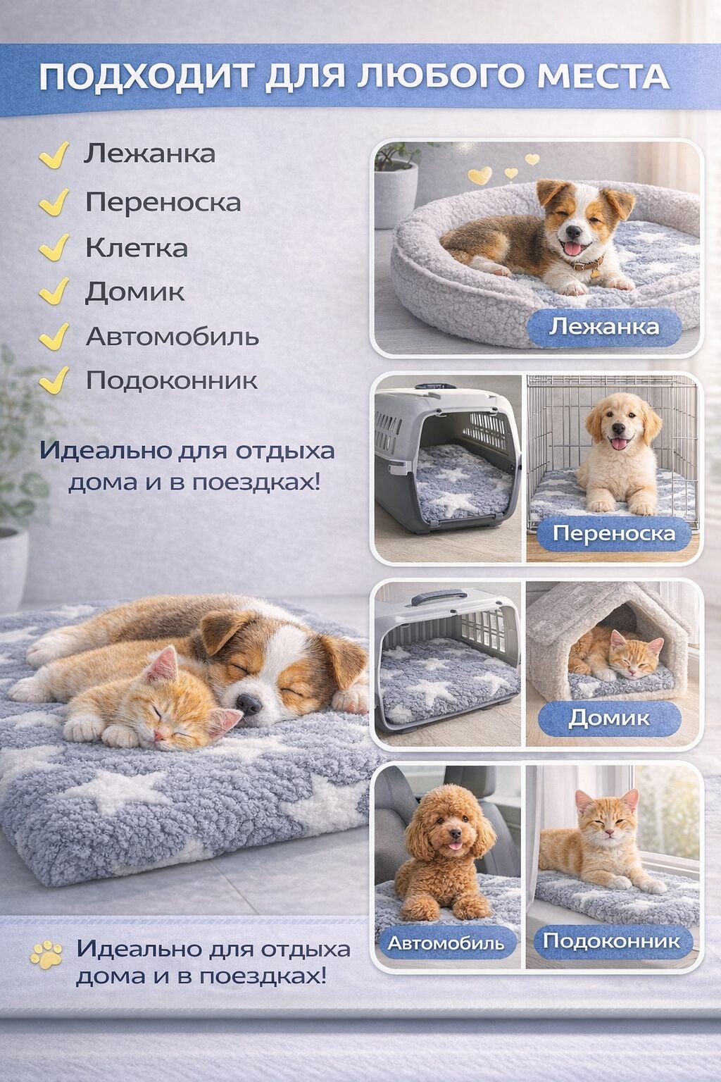 Мягкий коврик для животных 60*40 см лежак для кошек и собак, подстилка в переноску