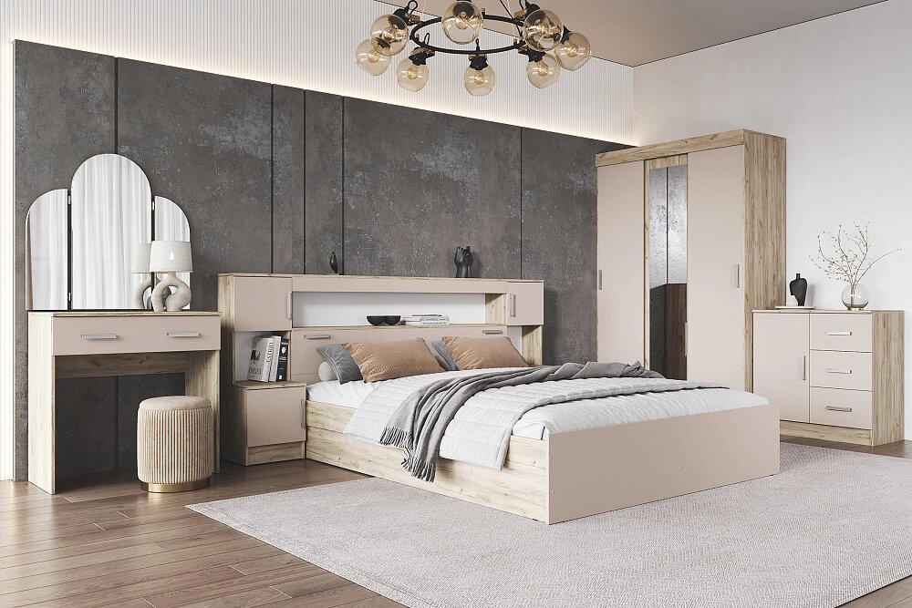 Кровать двухспальная с надстройкой и тумбами 160х200 см, Бассо Бася, 233.5х222.9х101.6 см ЛДСП Кашемир / Дуб крафт серый