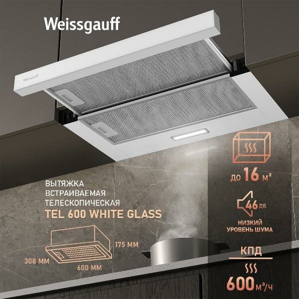 Вытяжка встраиваемая в шкаф Weissgauff TEL 600 White Glass