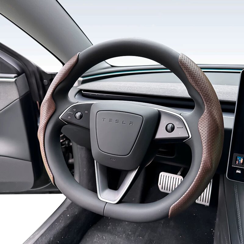 Ультратонкий противоскользящий чехол для руля Tesla Model 3/Y/YL из премиум-наппа-кожи - бежевый