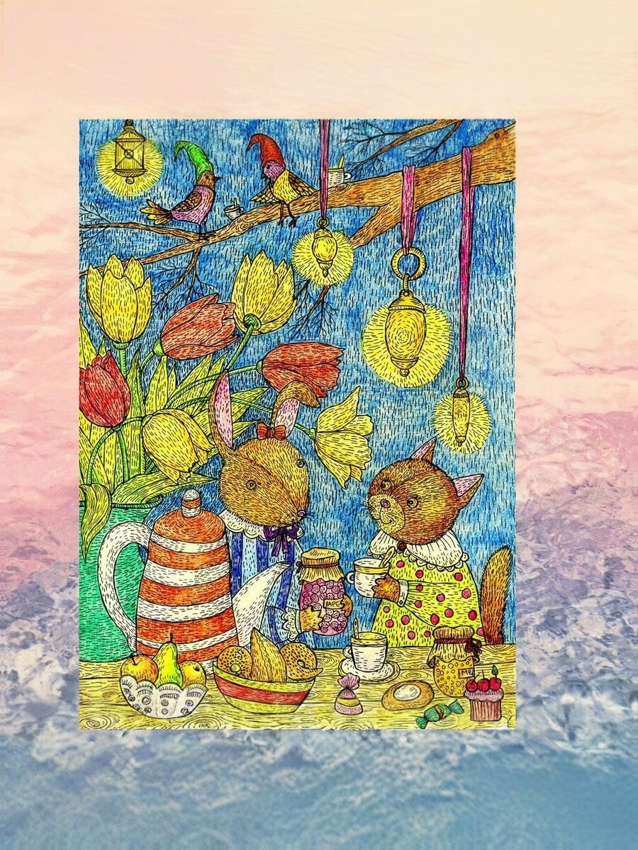 Открытка поздравительная "Чаепитие подруг" с конвертом Милая открытка с 8 марта и Днем Рождения