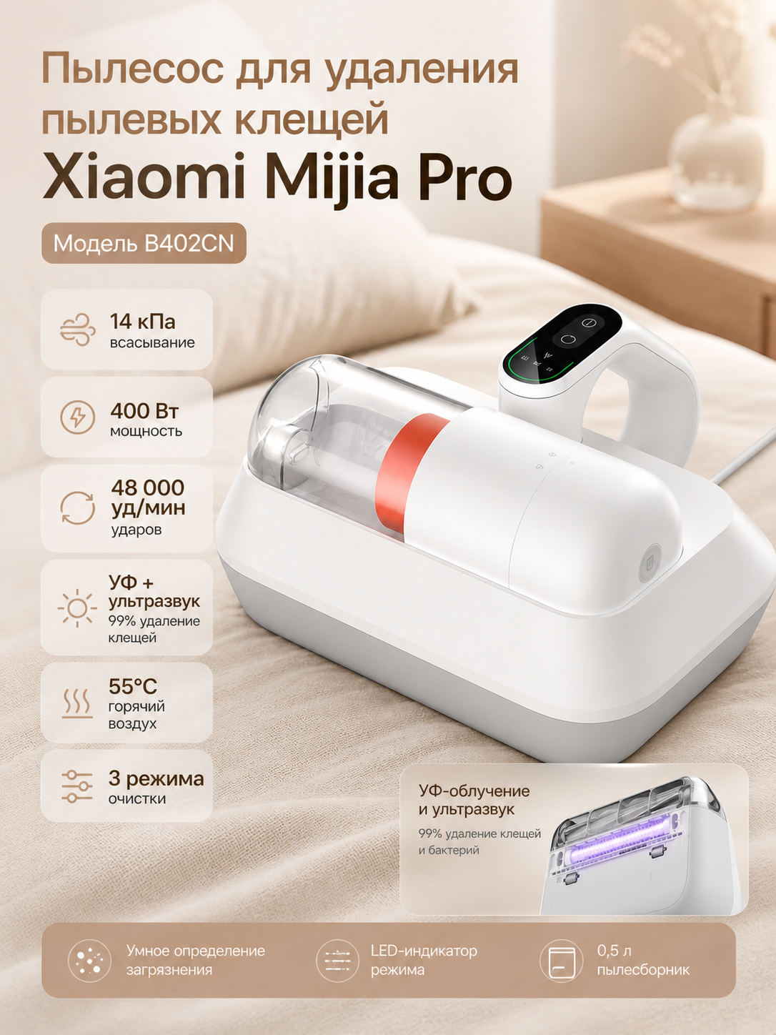 Пылесос от пылевых клещей Xiaomi Mijia Pro B402HW, 400 Вт, 14 кПа, UV, горячий воздух 55°C, CN