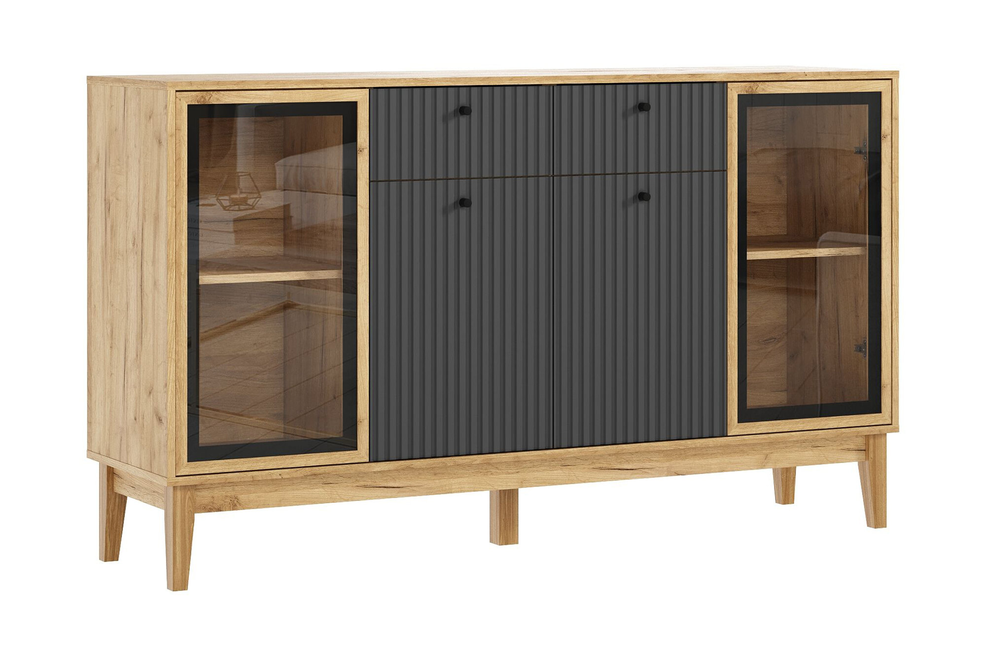 Комод-витрина Нонтон Оливия, 163x42x95 см, с 2-мя ящиками, дуб крафт / браш графит