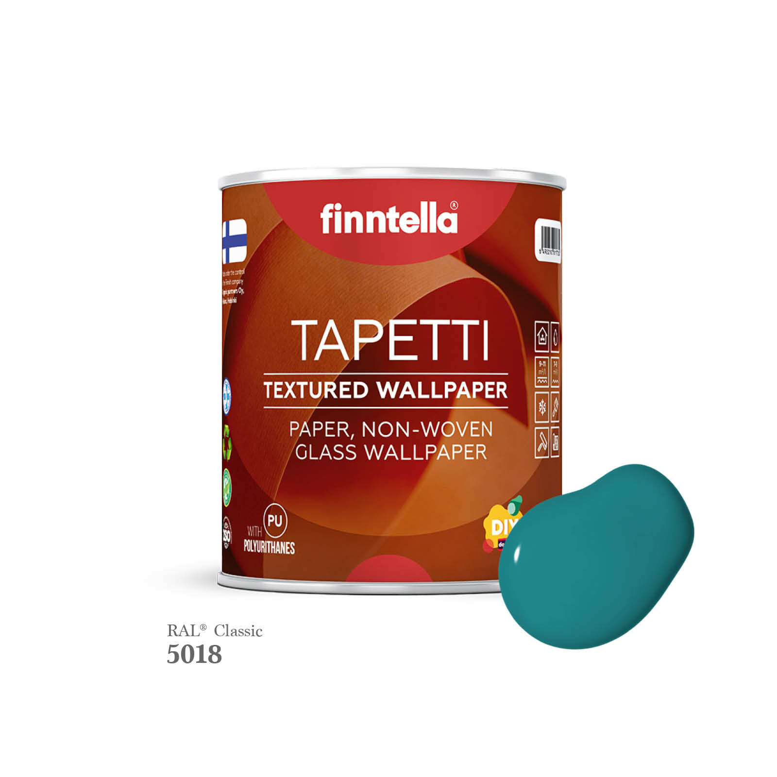 Шелковисто-матовая краска для обоев под окраску TAPETTI SILKKI Matta FINNTELLA, Цвет RAL 5018 Бирюзово-синий (Turquoise blue), 0,9л