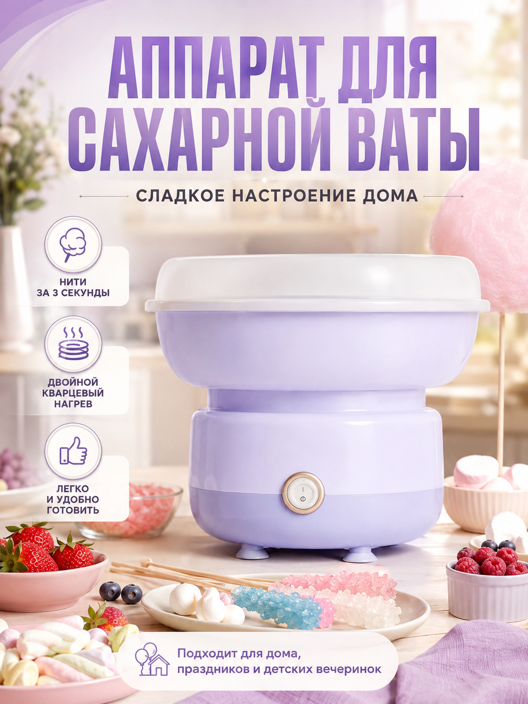 Аппарат для сахарной ваты лиловый бытовой, устройство для изготовления сахарной ваты дома, подходит для детских дней рождения и семейных торжеств