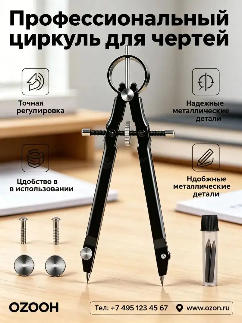 Профессиональный циркуль, металлический, с фиксатором, для точных чертежей, 1 компл