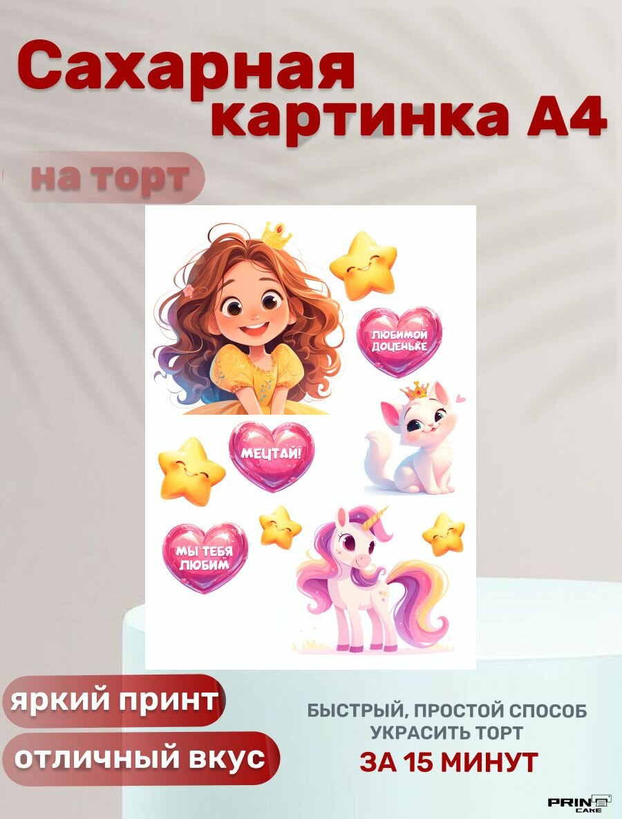 Сахарная картинка для торта на день рождения дочке. Декор для выпечки, украшения для торта девочке.