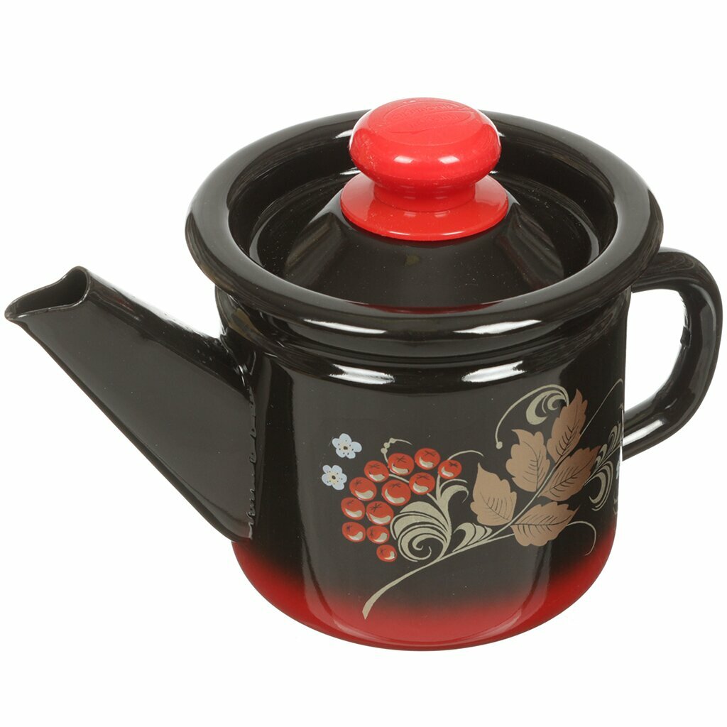 Сибирские товары Чайник сталь, эмалированное покрытие, 1 л, с кнопкой, ручка металлическая, красно-черный