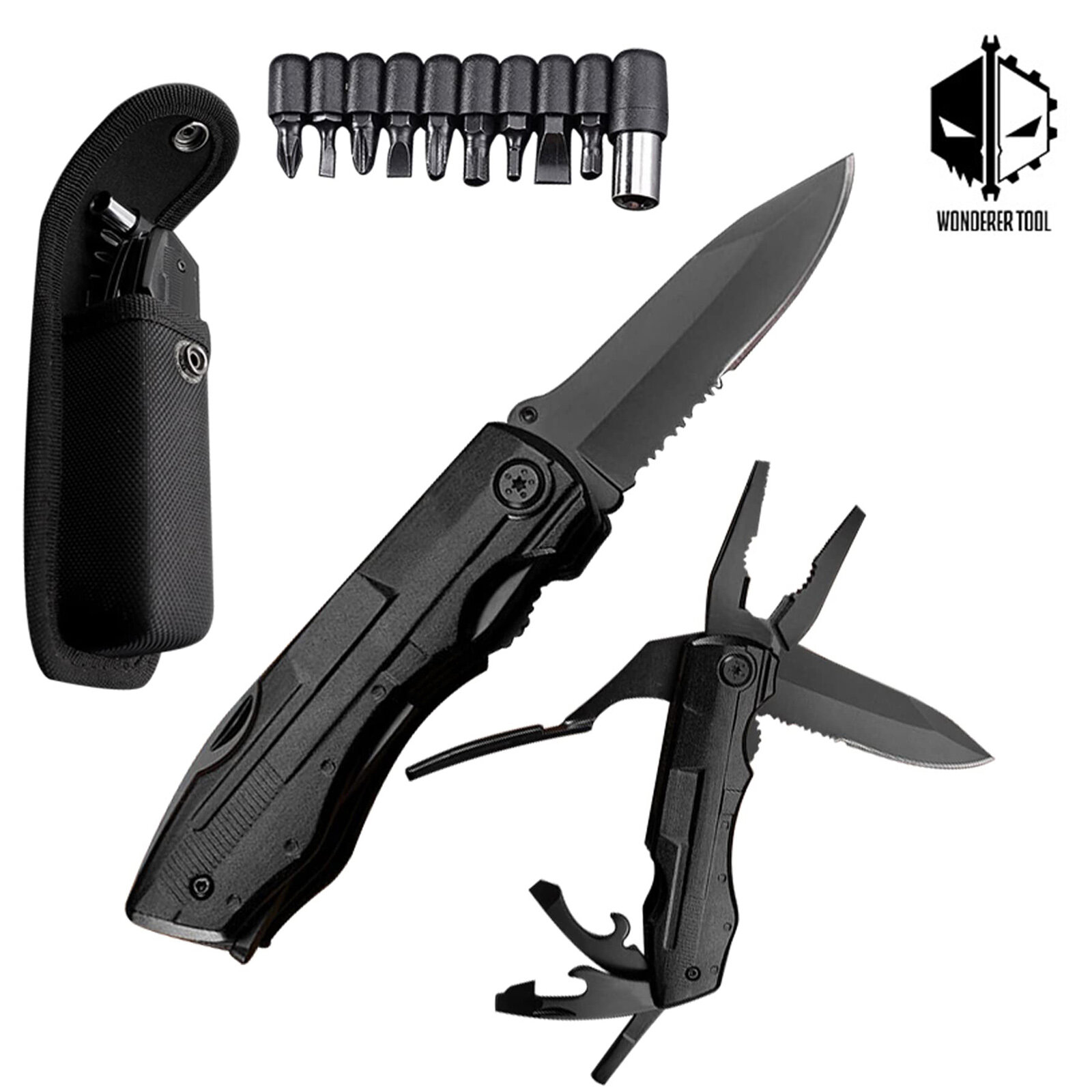 Подарки на День отца для папы от дочери сына Мультитул Нож для кемпинга, Карманный нож Мультитул Складной нож с клешнями Шуруповерт Открыватель бутылок Материал нержавеющая сталь Черный цвет Обработка поверхности черная Рукоятка из алюминия Длина