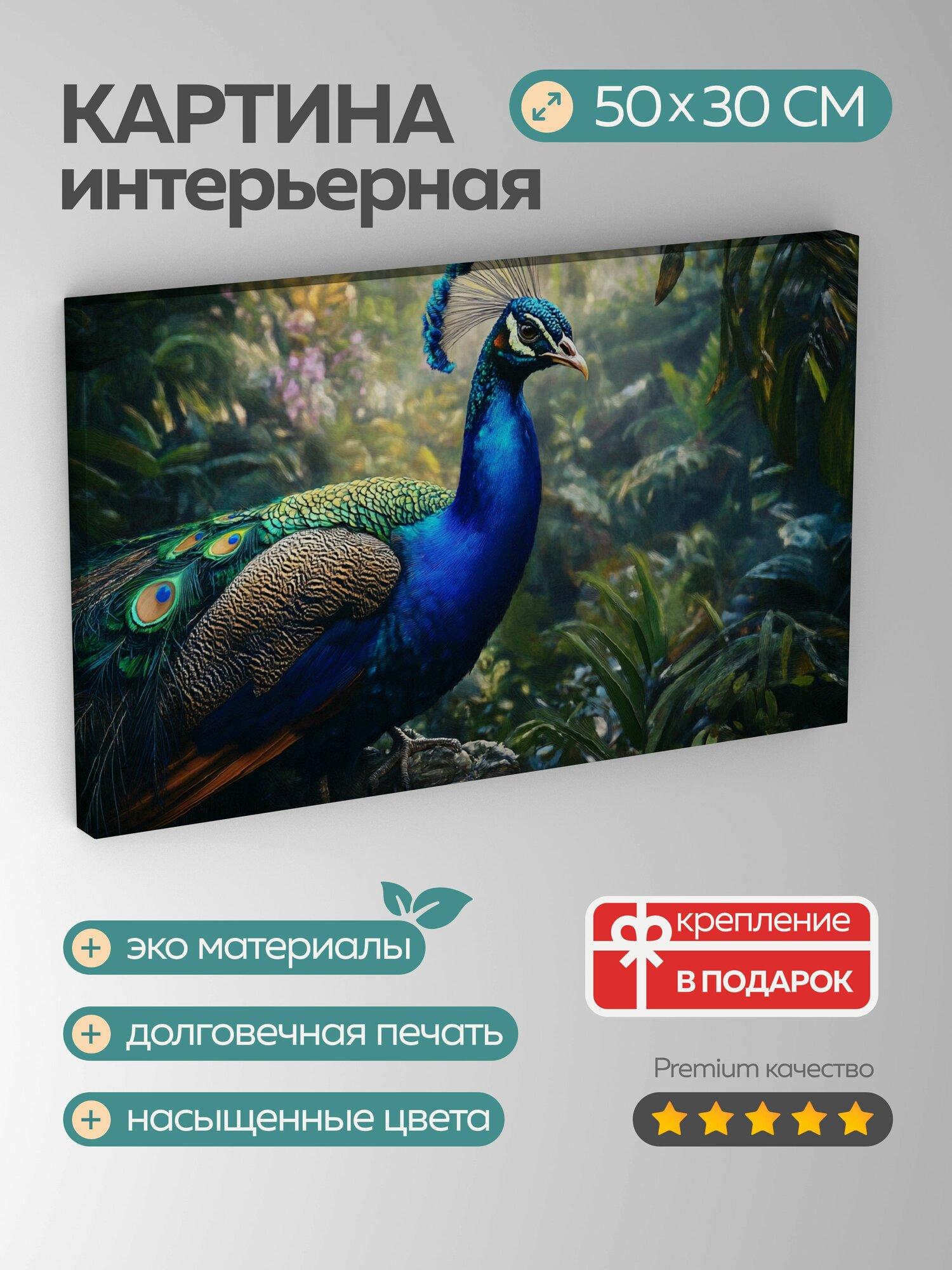 Картина на холсте интерьерная 50х30 см, павлин, оперение, перья, сад, детали, цвета, красота, элегантность, птица