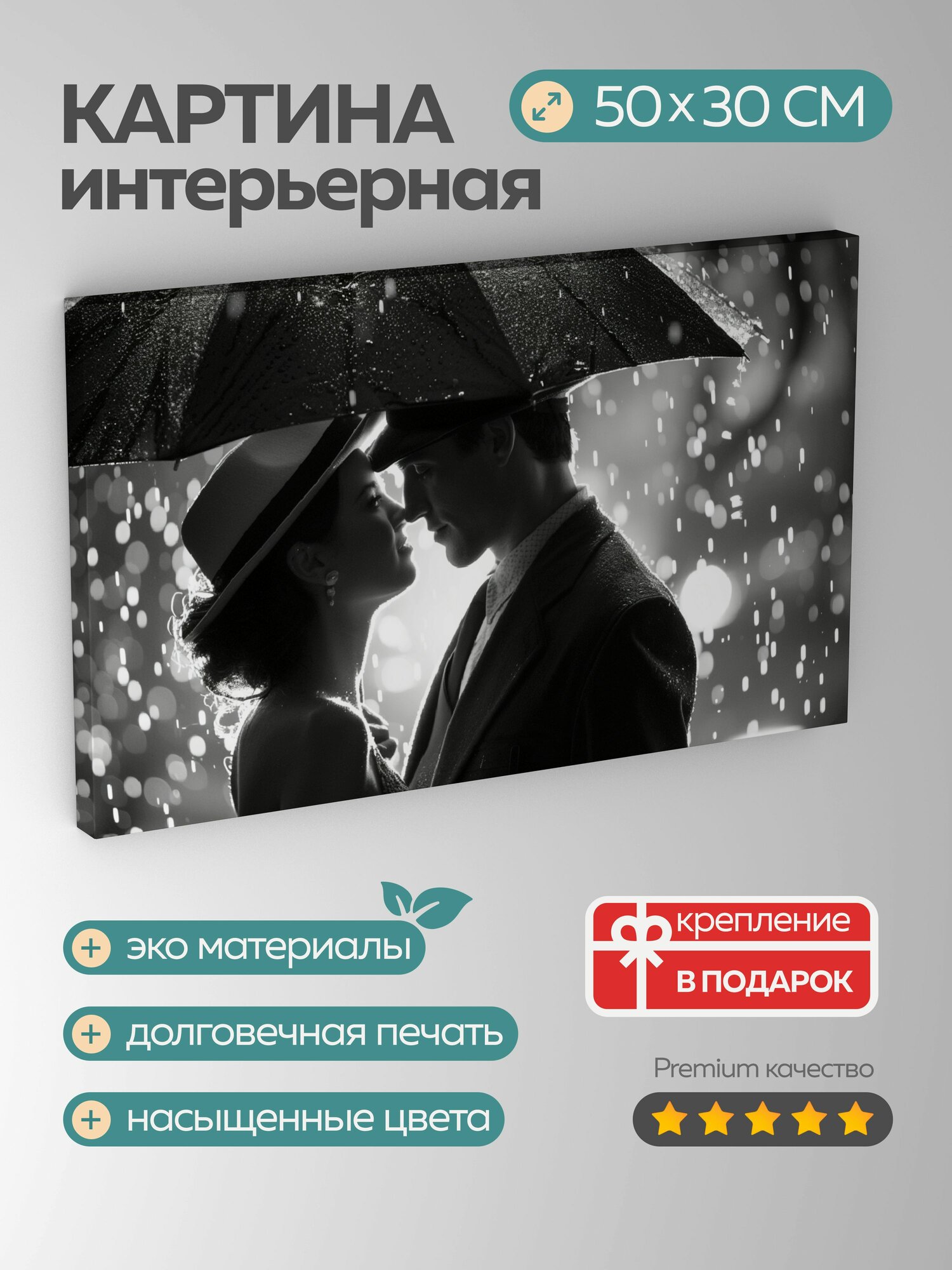 Картина на холсте интерьерная 50х30 см, фотография, пара, путешествие, зонтик, дождь, монохромная палитра, ностальгия