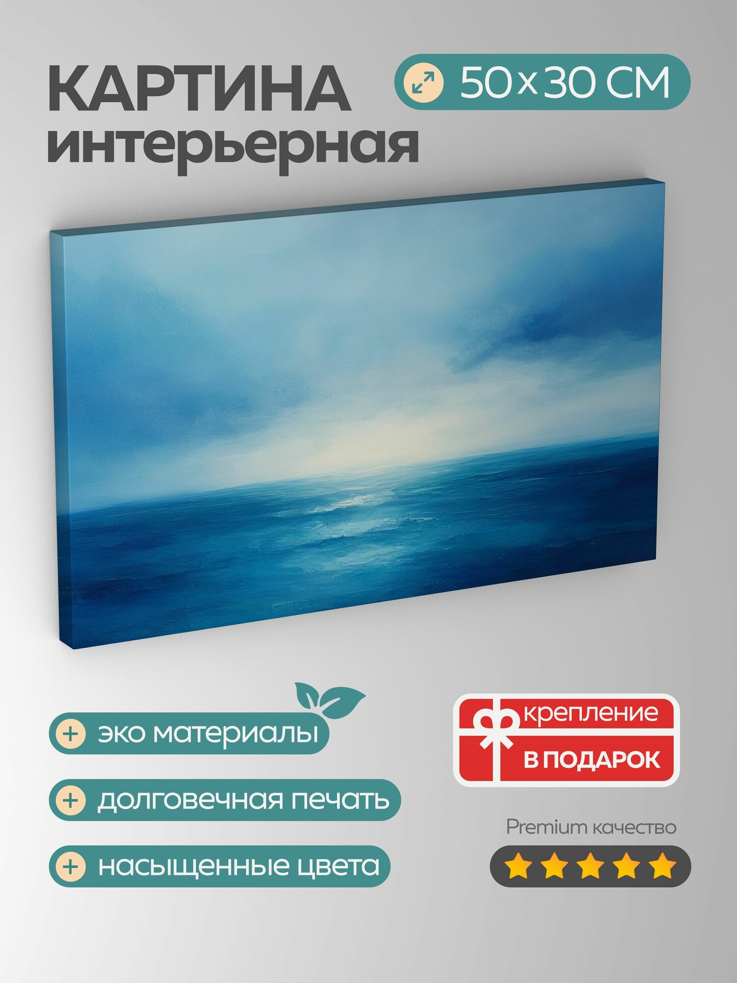 Картина на холсте интерьерная 50х30 см, масляная картина, морской пейзаж, сумерки, темно-синий, бирюзовый, океан, небо