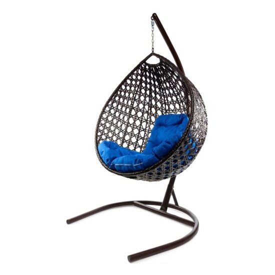 Подвесное кресло кокон M-group Капля с ротангом Люкс коричневое+синяя подушка