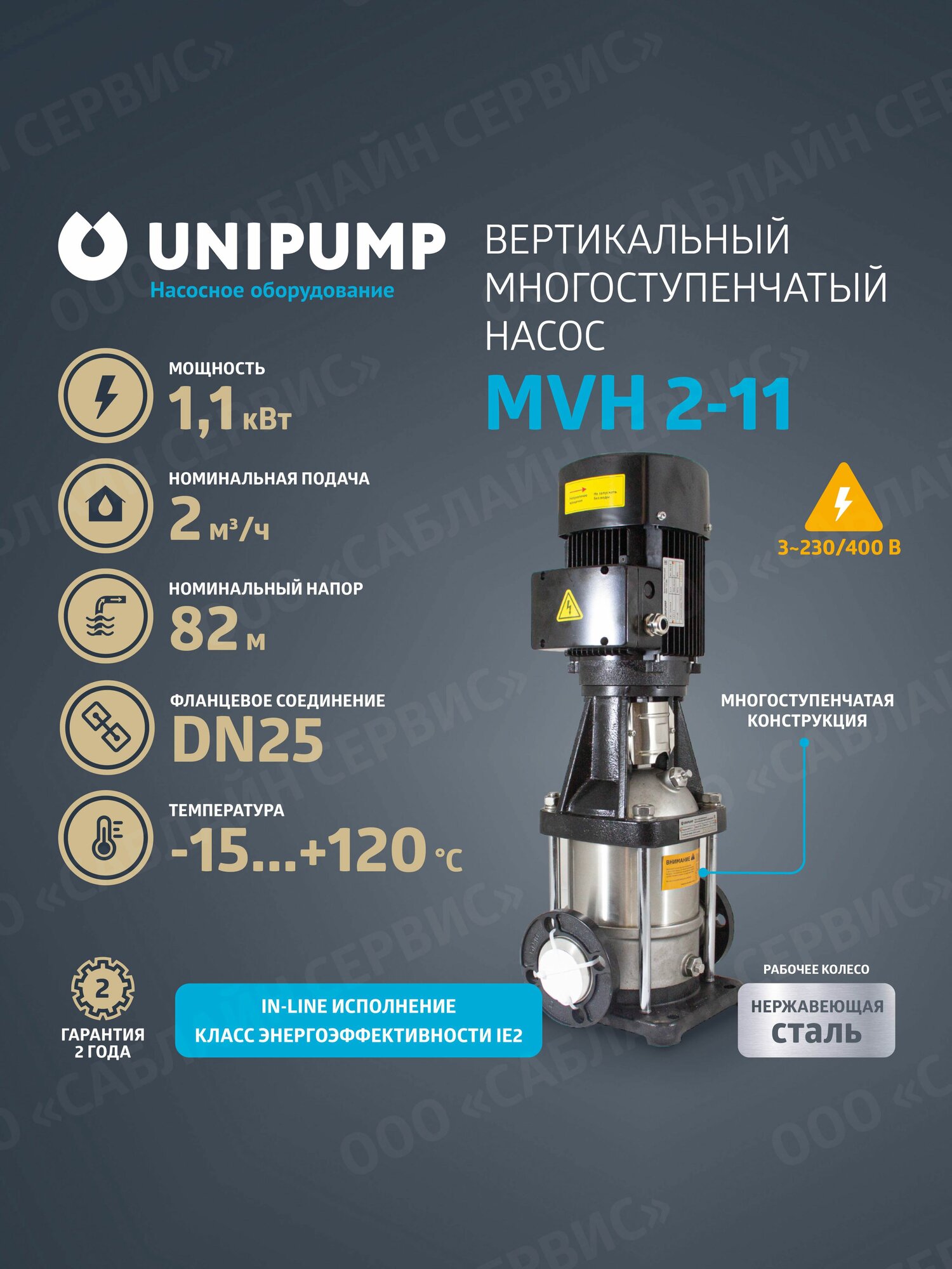 Насос поверхностный многоступенчатый вертикальный MVH 2-11 (Qном 2м3, Hном 85м, DN25, 1,1 кВт)