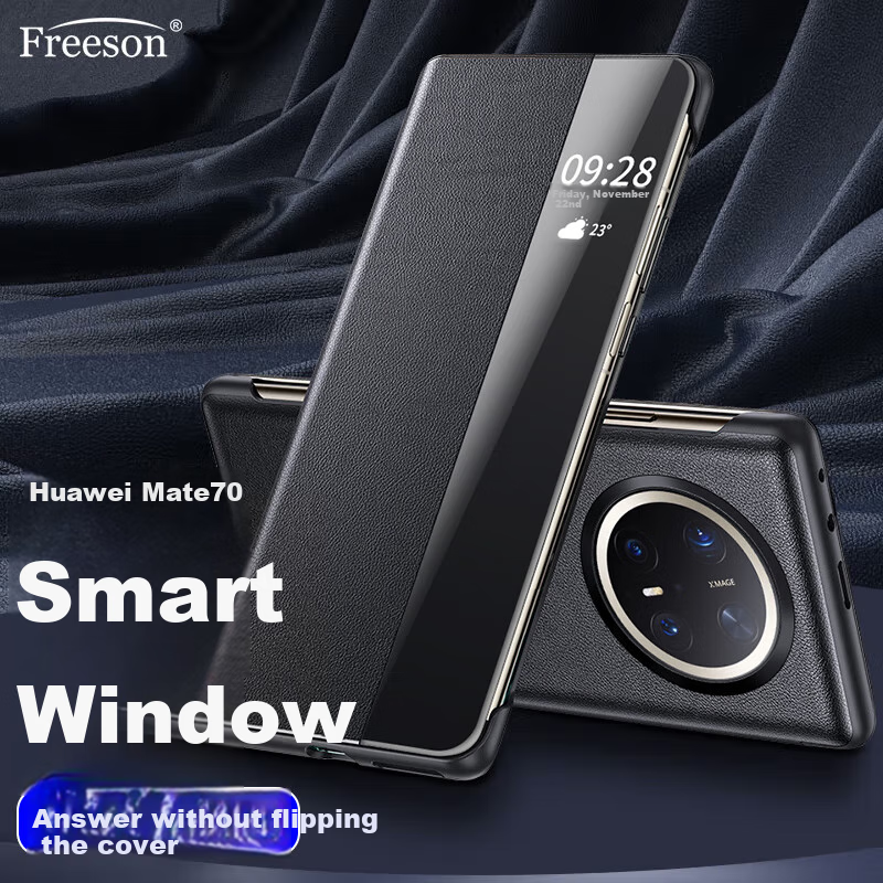 Freeson Huawei Mate70 Window View Full Protection Anti-drop Business Phone Case Protective Cover【Smart Sleep/Wake + Flip-free Answering】Black