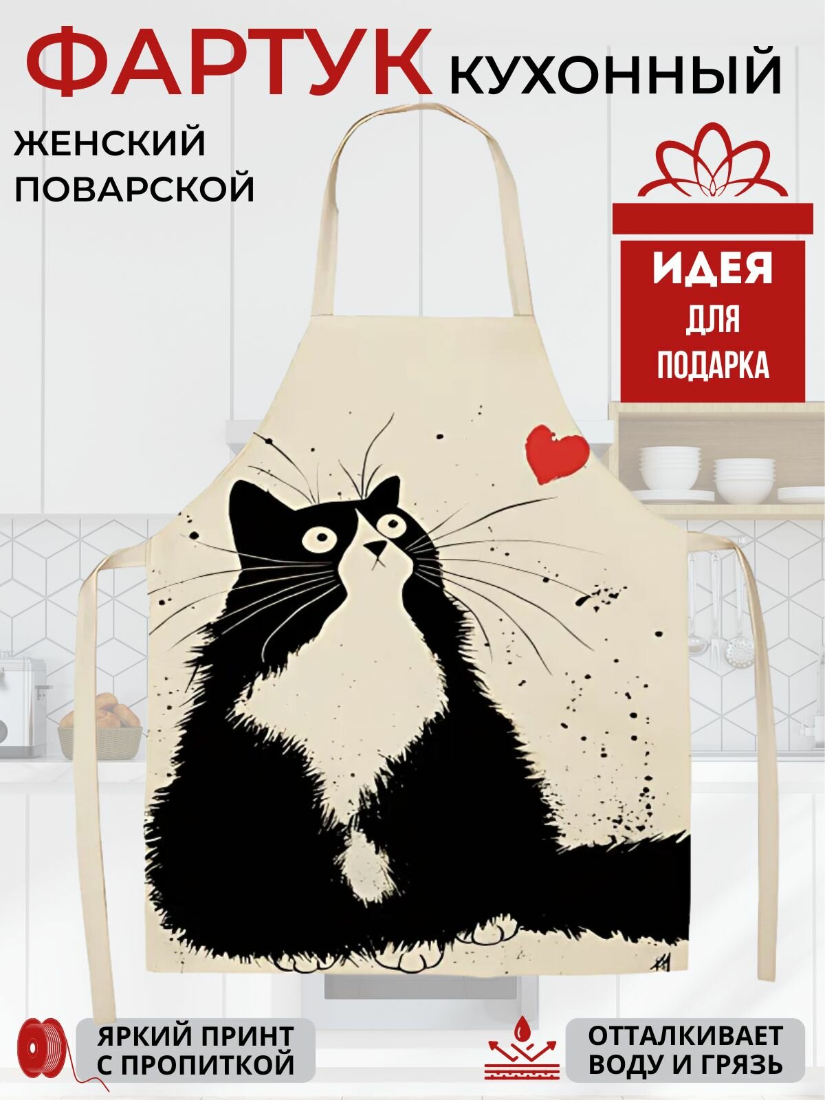 Фартук кухонный поварской, с приколом, с кошкой