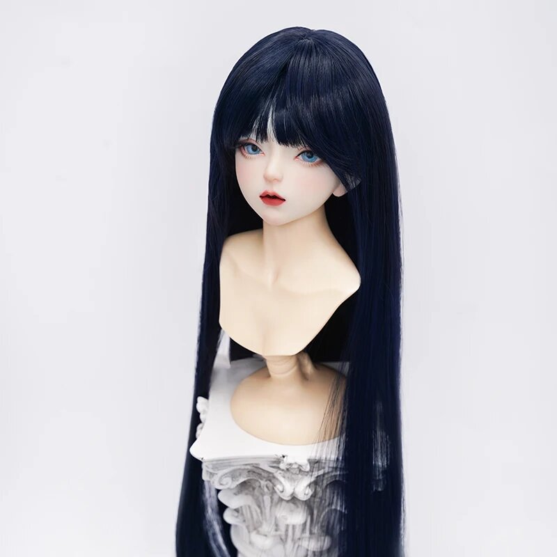 Парик для куклы BJD, темно-синий, длинный с челкой, 22-23.5 см