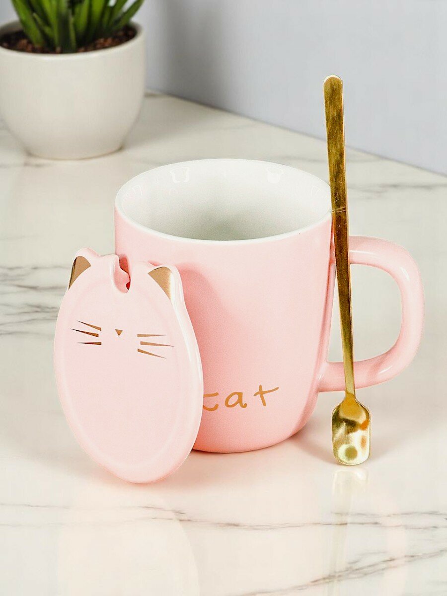Кружка для чая "Котик розовый" 360 мл Cat N 2, чашка с крышкой и ложкой, керамическая, детская, женская, подарочная