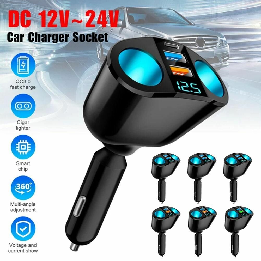 Регулировка на 360 градусов Зарядное устройство автомобильное с кабелем автомобильная зарядка в прикуриватель Type-C, 2 USB QC3.0