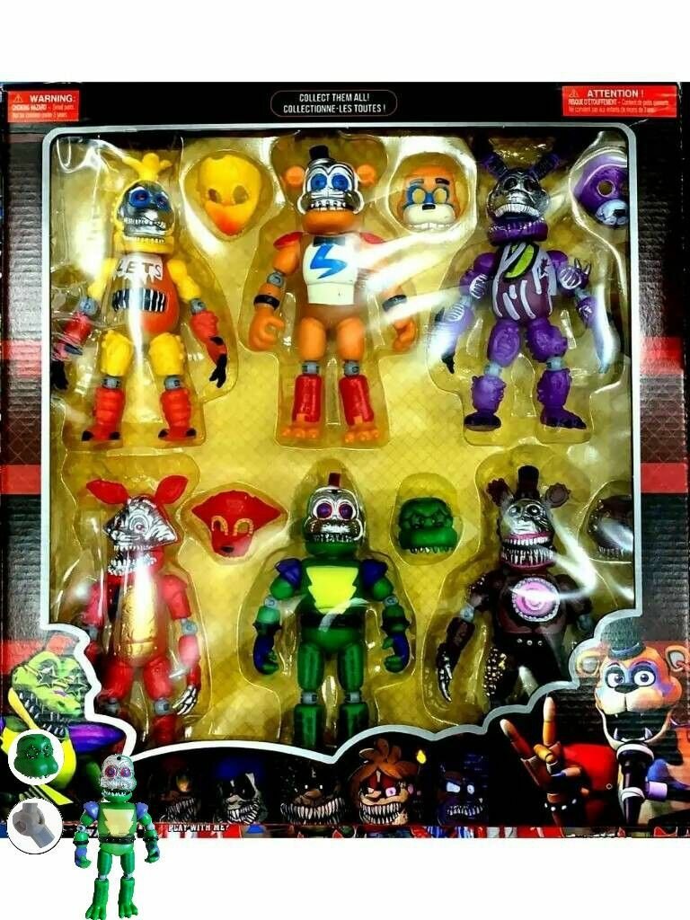 Большой набор с большими фигурками с аксессуарами и со сменными масками 6 штук из подвижных фигурок фнаф 5 ночей с Фредди / Аниматроников Five Nights at Freddy's фнаф/FNAF (подвижные со светом) -enj