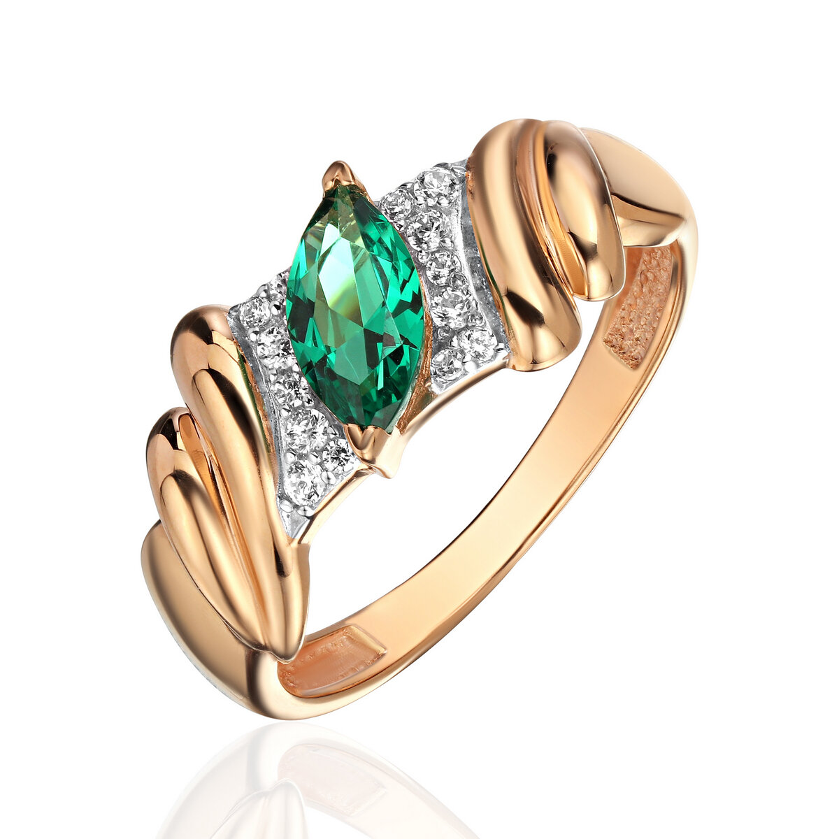 Кольцо, красное золото, 585 проба, родирование, фианит, изумруд