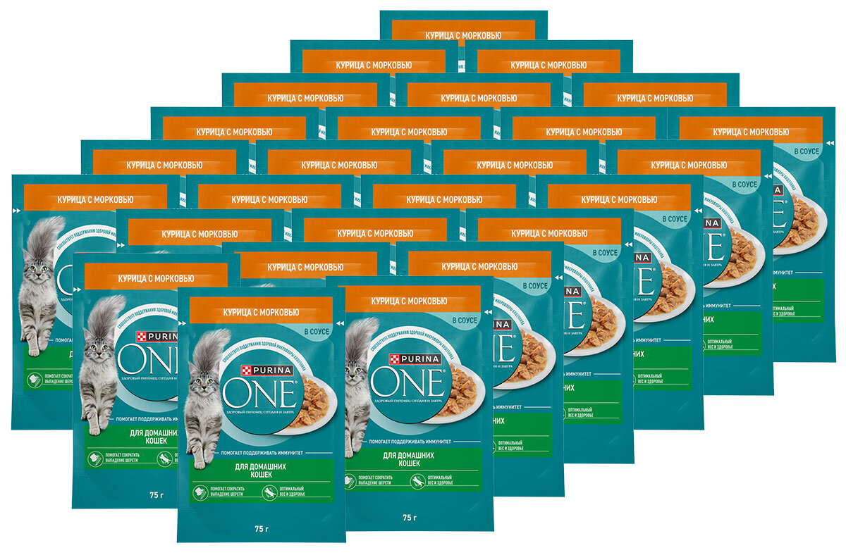 PURINA ONE для взрослых кошек, живущих дома, с курицей и морковью в соусе пауч (75 гр х 26 шт)