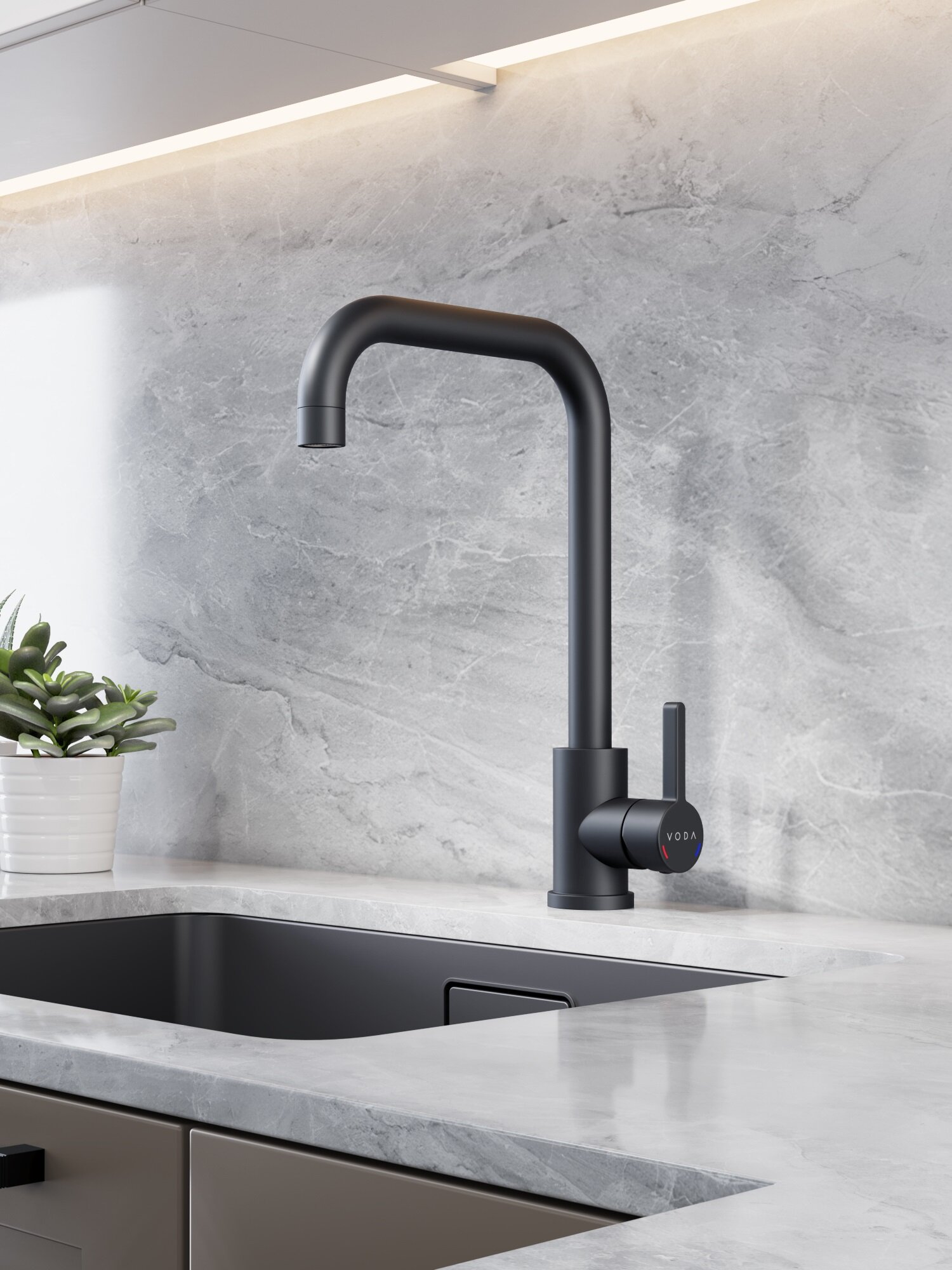 Смеситель для кухни VODA, высокий излив, нержавеющая сталь, черный