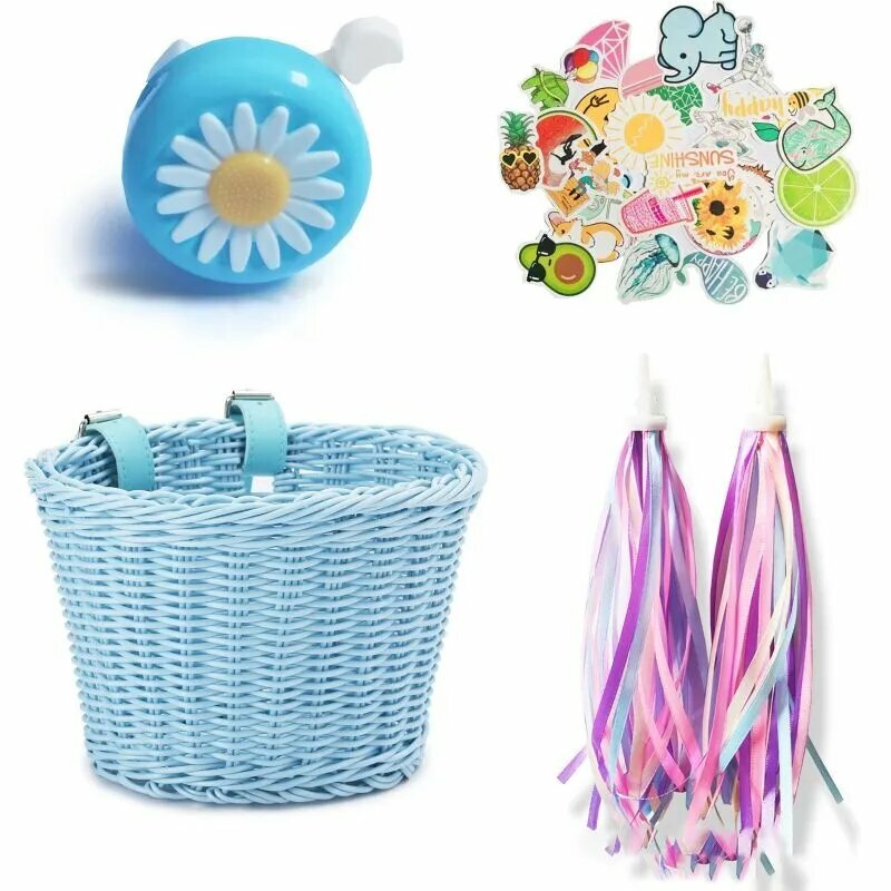 Детская велосипедная корзина, передняя корзина для велосипеда девочек ручной вязки и 1 пара детских лент с кисточками