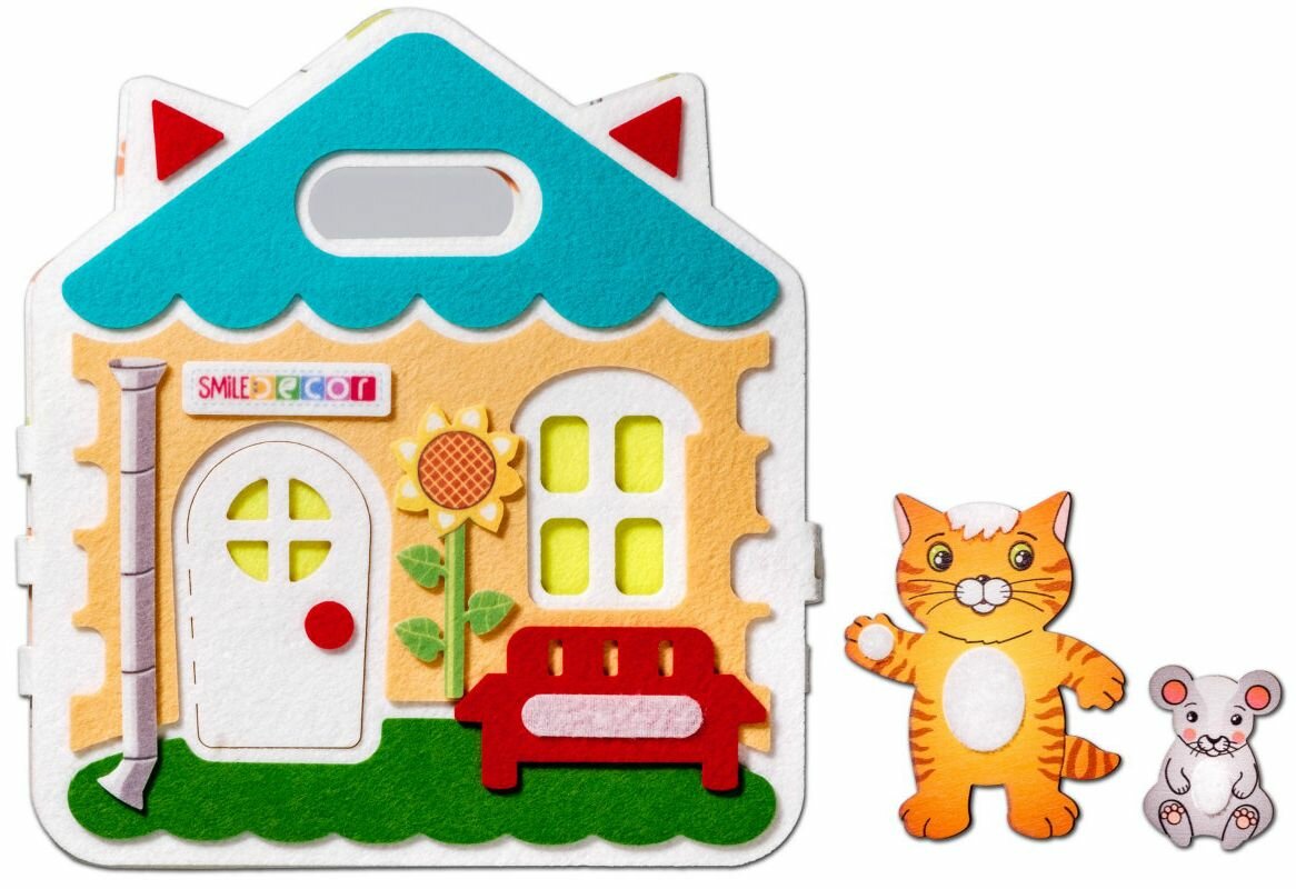 Развивающая книжка-игрушка Smile Decor "Дом Котофея", тактильная книжка, настольная игра на липучках, кукольный домик из фетра, сюжетно-ролевой набор