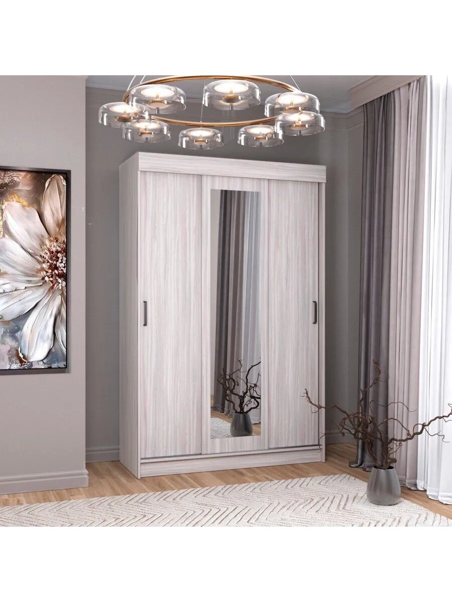 Шкаф-купе, с зеркалом, ЛДСП, 3 двери, ясень шимо, светлый, коричневый