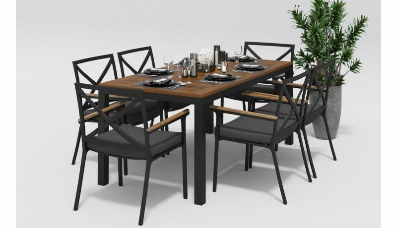 Обеденная группа Гарденини Белла 180x90 С3(Обеденная группа Gardenini BELLA 180x90 С3) каркас темно-серый карбон/подушки антрацит/столешница тик