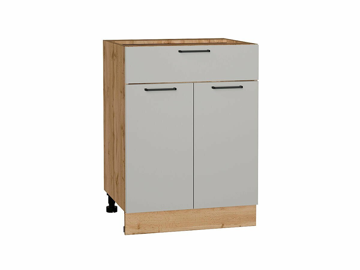 Шкаф нижний с 2-мя дверцами и ящиком Флэт, цвет фасада Light Grey In 2S, цвет каркаса Дуб Вотан, 816*600*478 мм