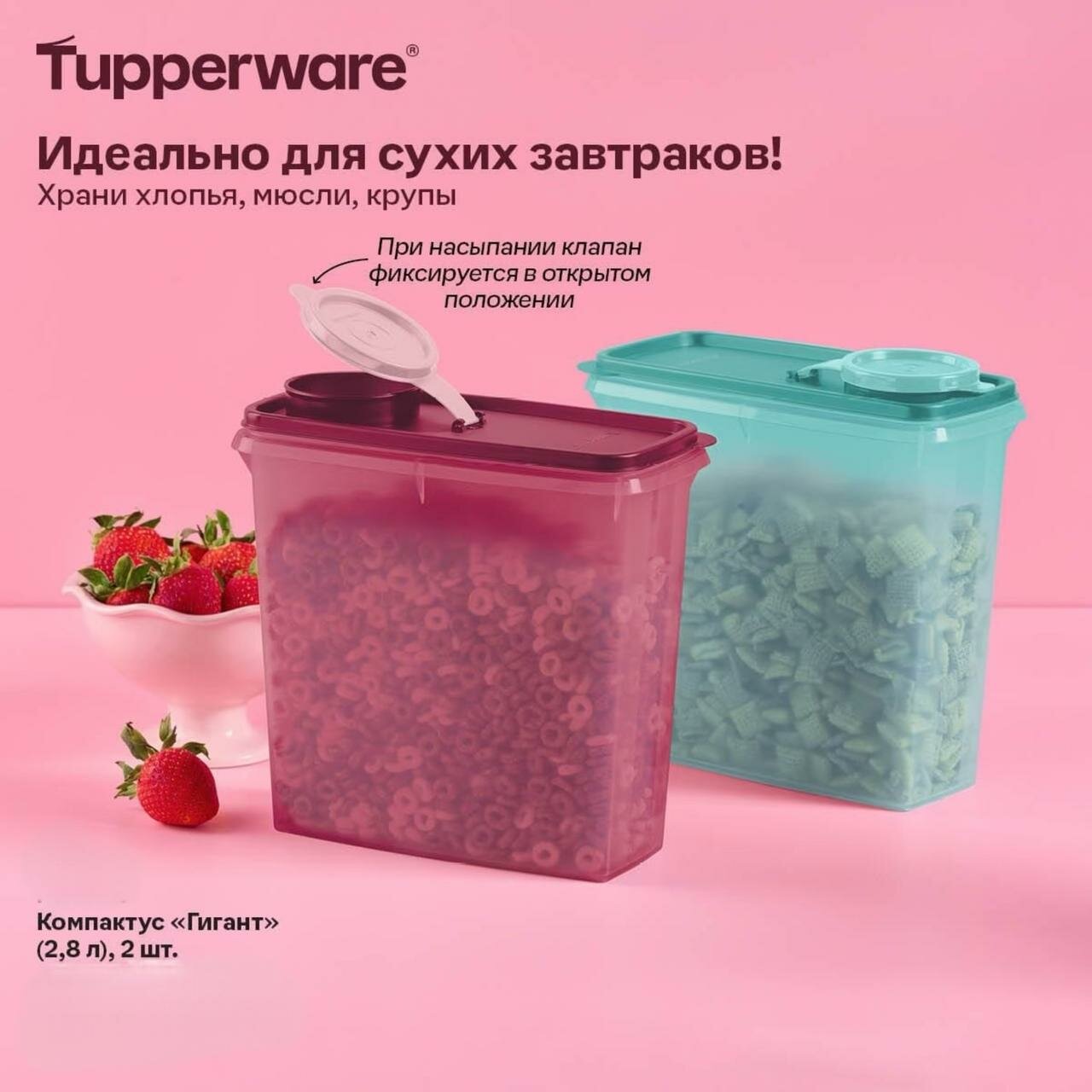Контейнер Tupperware "Компактус гигант", пищевой, 2.8 л, красный, голубой, 2 шт