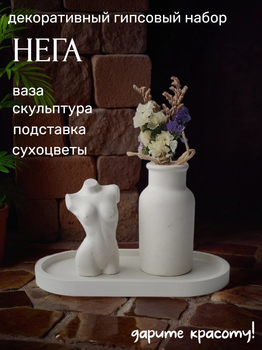 Декоративный набор нега гипсовый, ваза для сухоцветов, цвет белый
