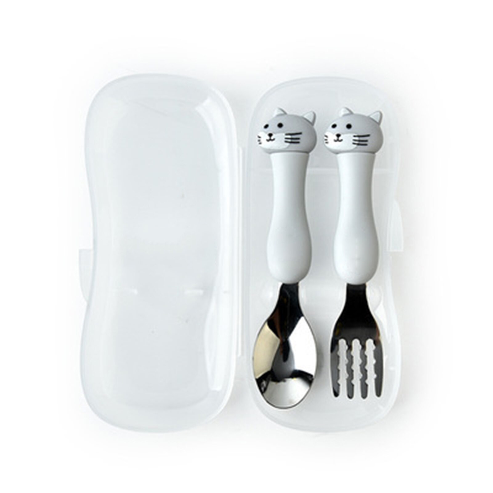 Детская вилка-ложка с пластиковой ручкой из нержавеющей стали, столовые приборы для кормления детей и приучения котят к кормлению (серый)