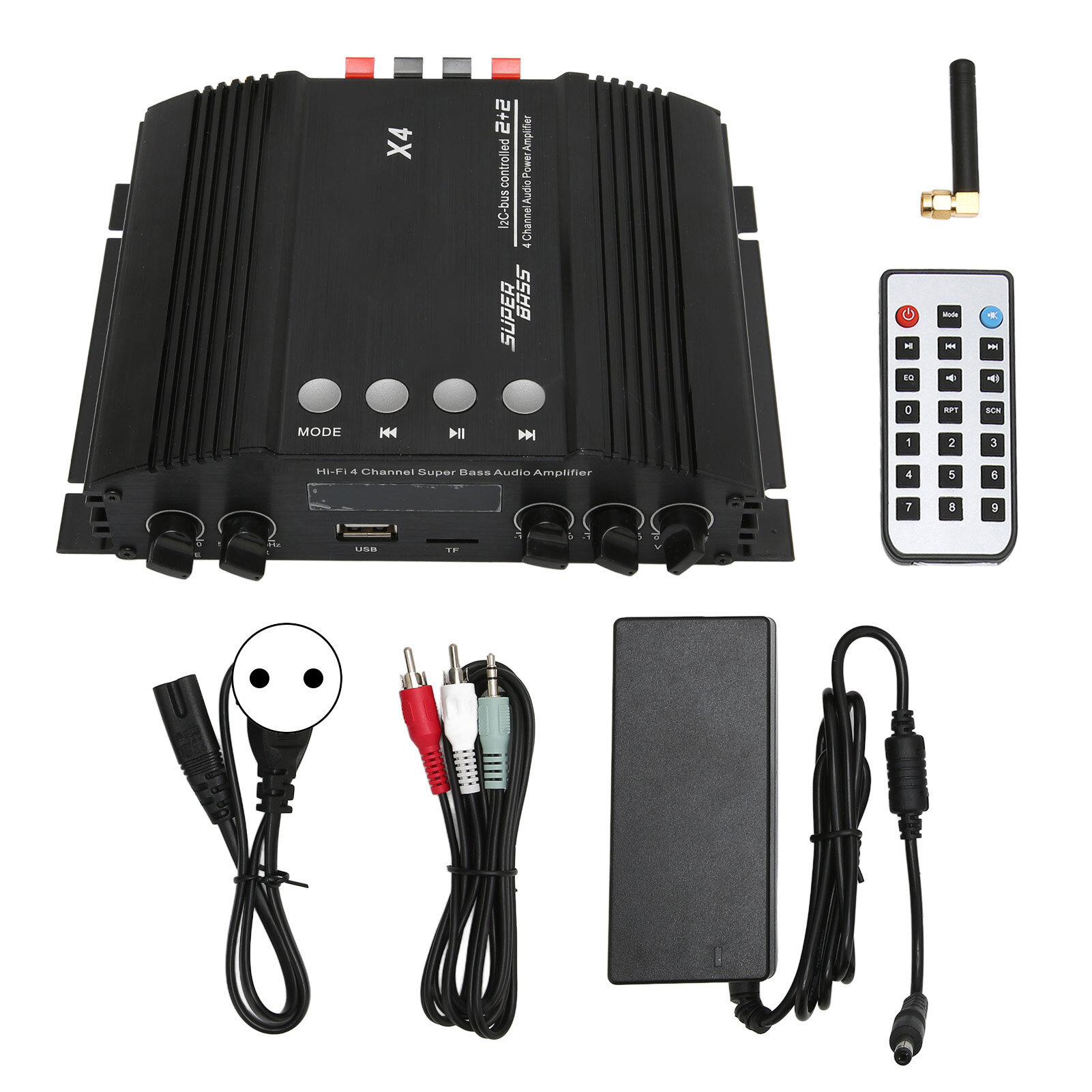 Усилитель Bluetooth 4-канальный, Hi-Fi стерео, сабвуфер, с пультом ДУ, 100-240 В, вилка EU.