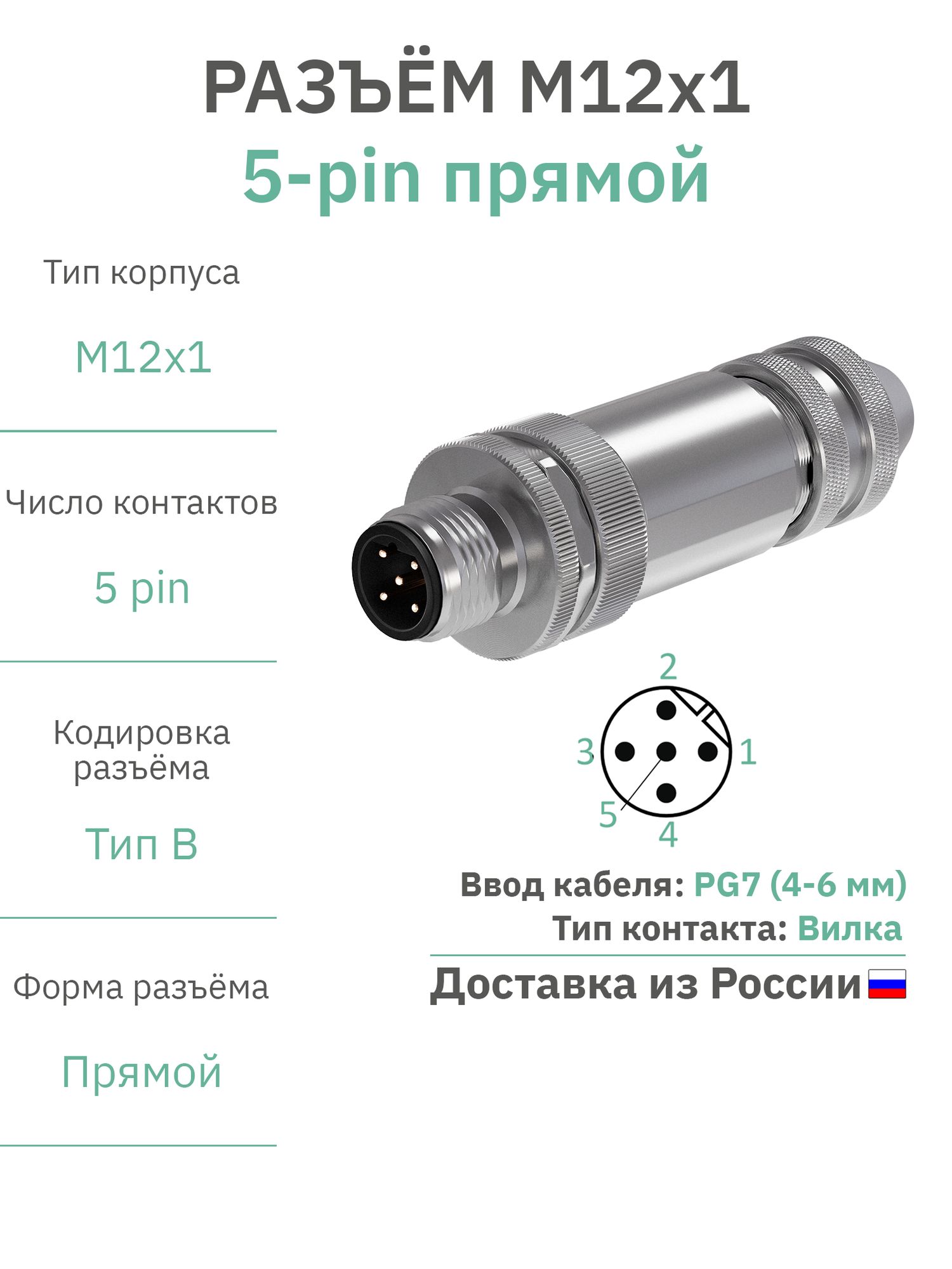 Разъём M12 B-coding Ethernet 5 pin прямой / вилка (папа) / PG7 (4-6 мм диаметр под кабель) / модель RAZM-M12-C5-CODE-B-PG7-LT