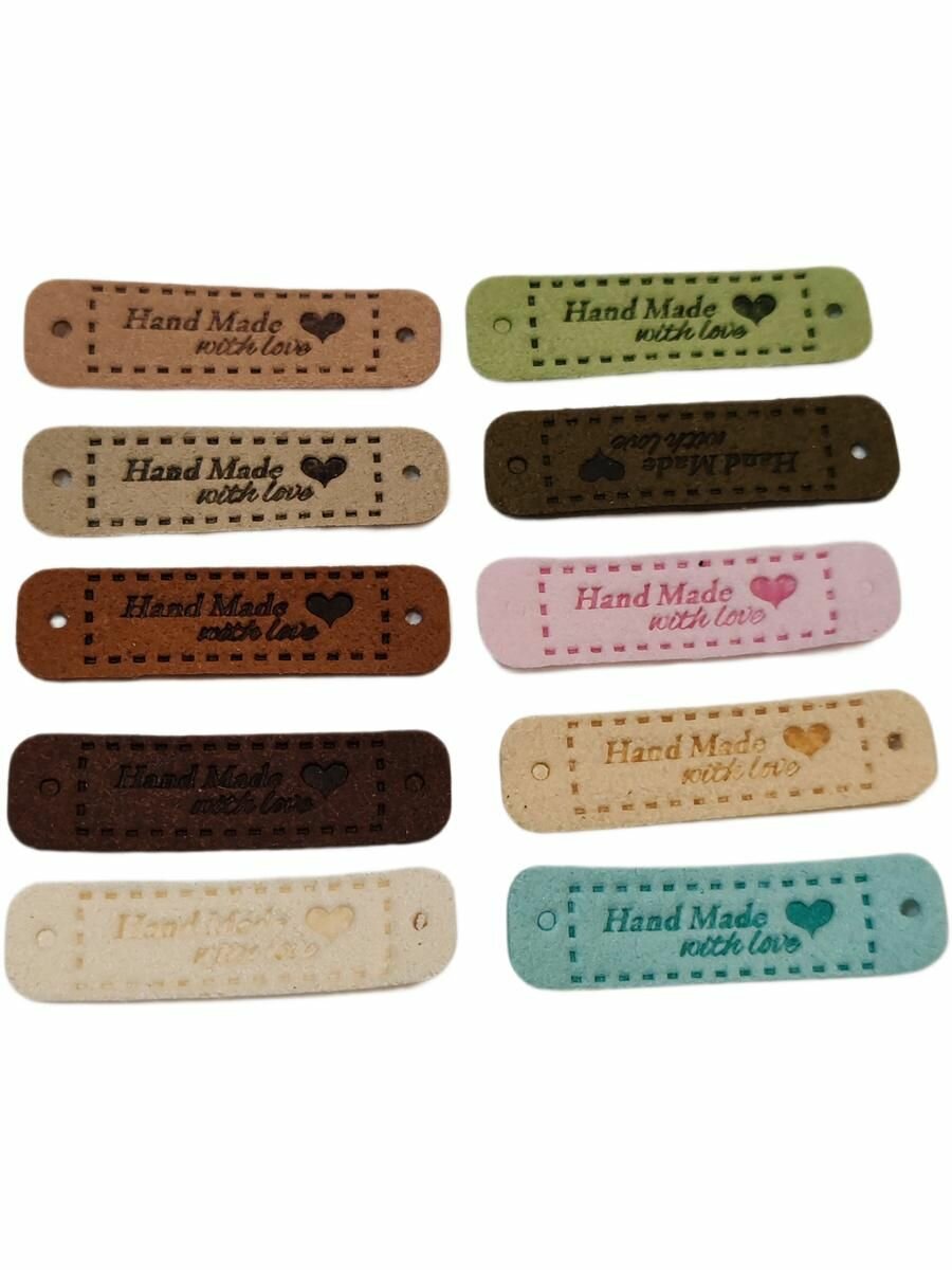 Нашивки бирки для одежды, шитья и рукоделия "HandMade". Закругленные, эко кожа. (10 разноцветных штук).